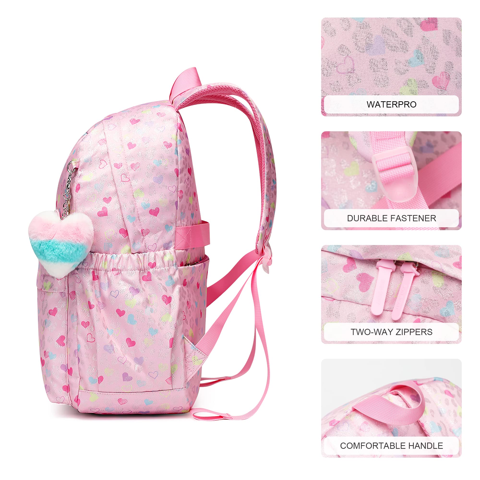 Reqinqin Kids Backpack Girls And Boys Pink Waterproof Large Space School Backpack Suitable for Age for Over 6 Years old Lightweight Travel Cat Ear Heart Keychain Toddler Backpack(Pink Heart)