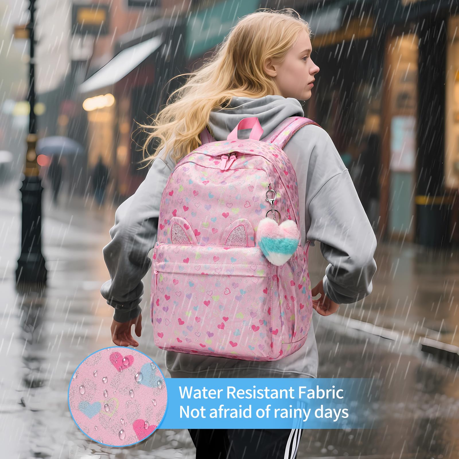 Reqinqin Kids Backpack Girls And Boys Pink Waterproof Large Space School Backpack Suitable for Age for Over 6 Years old Lightweight Travel Cat Ear Heart Keychain Toddler Backpack(Pink Heart)