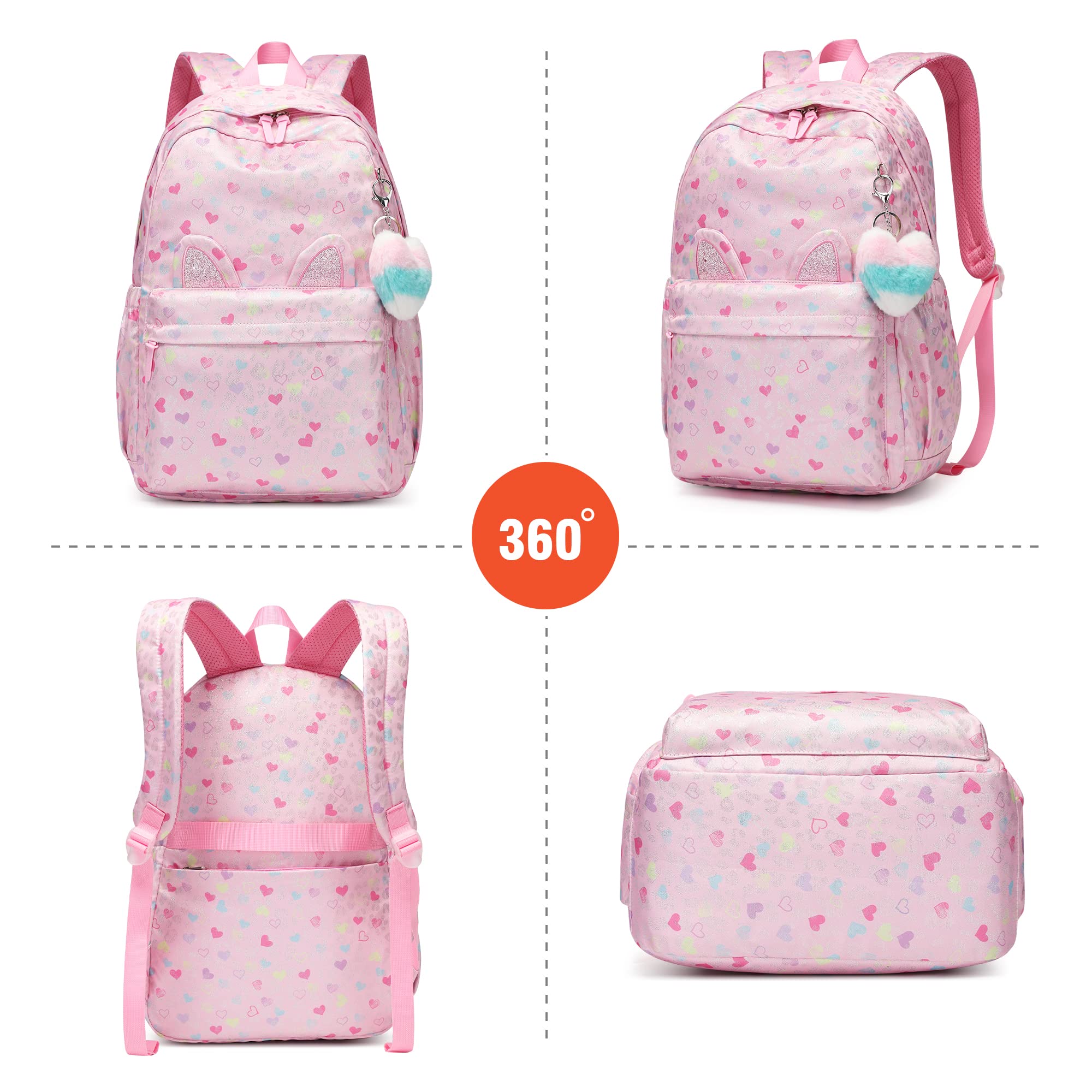 Reqinqin Kids Backpack Girls And Boys Pink Waterproof Large Space School Backpack Suitable for Age for Over 6 Years old Lightweight Travel Cat Ear Heart Keychain Toddler Backpack(Pink Heart)