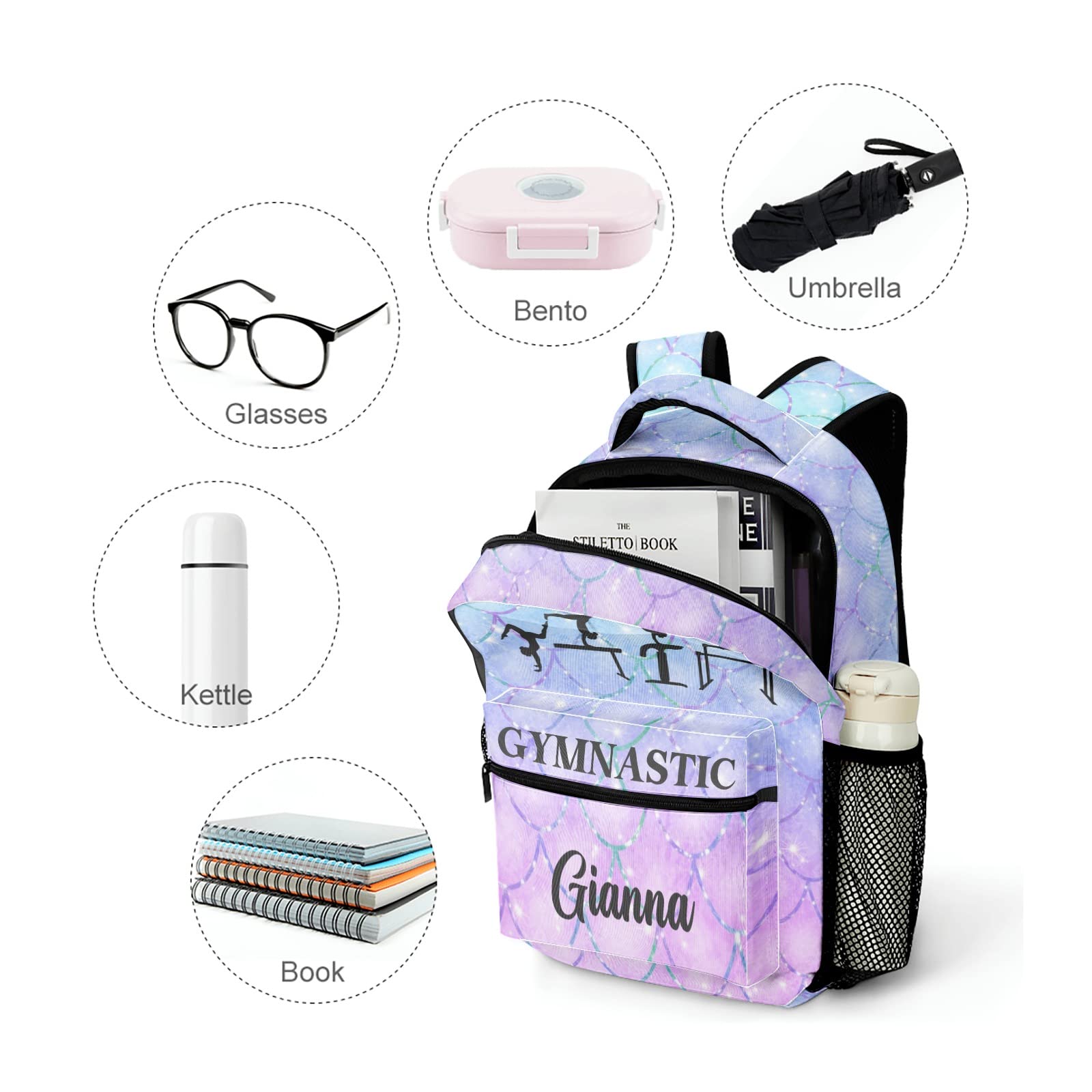Gymnastic Mermaid Scale Personalized School Backpack Bags Kids Backpack for Teen Boys Girls Travel Backpack