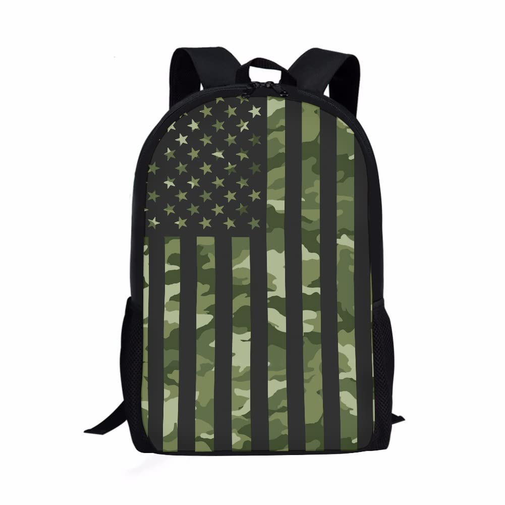 UNICEU American Flag with Camouflage Grunge Army Green Canvas Backpack Water Resistant Laptop Bag Travel School Bag