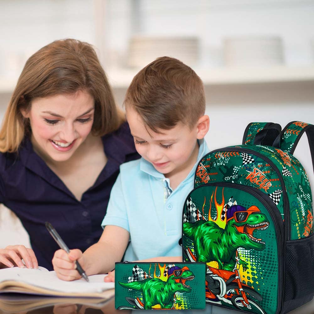 KLFVB 3PCS Boys Backpack, 16" Dinosaur Kids Bookbag and Lunch Box, Preschool Backpacks for Elementary Students