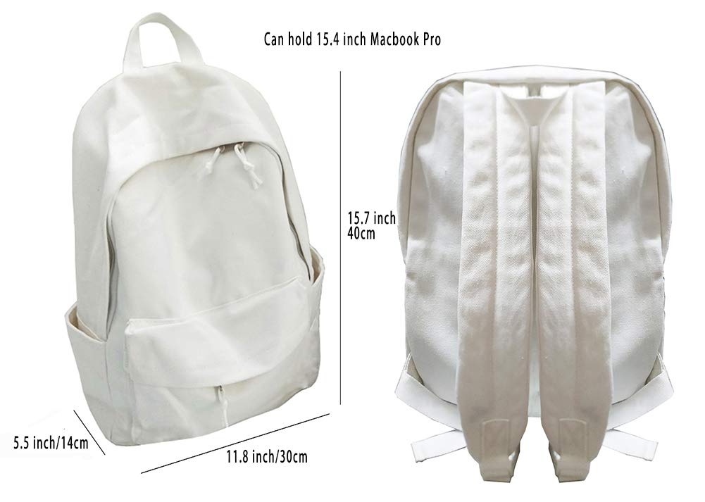 Jesdo DIY Canvas Backpack Large Casual Daypack Satchel (White with Side Pockets)