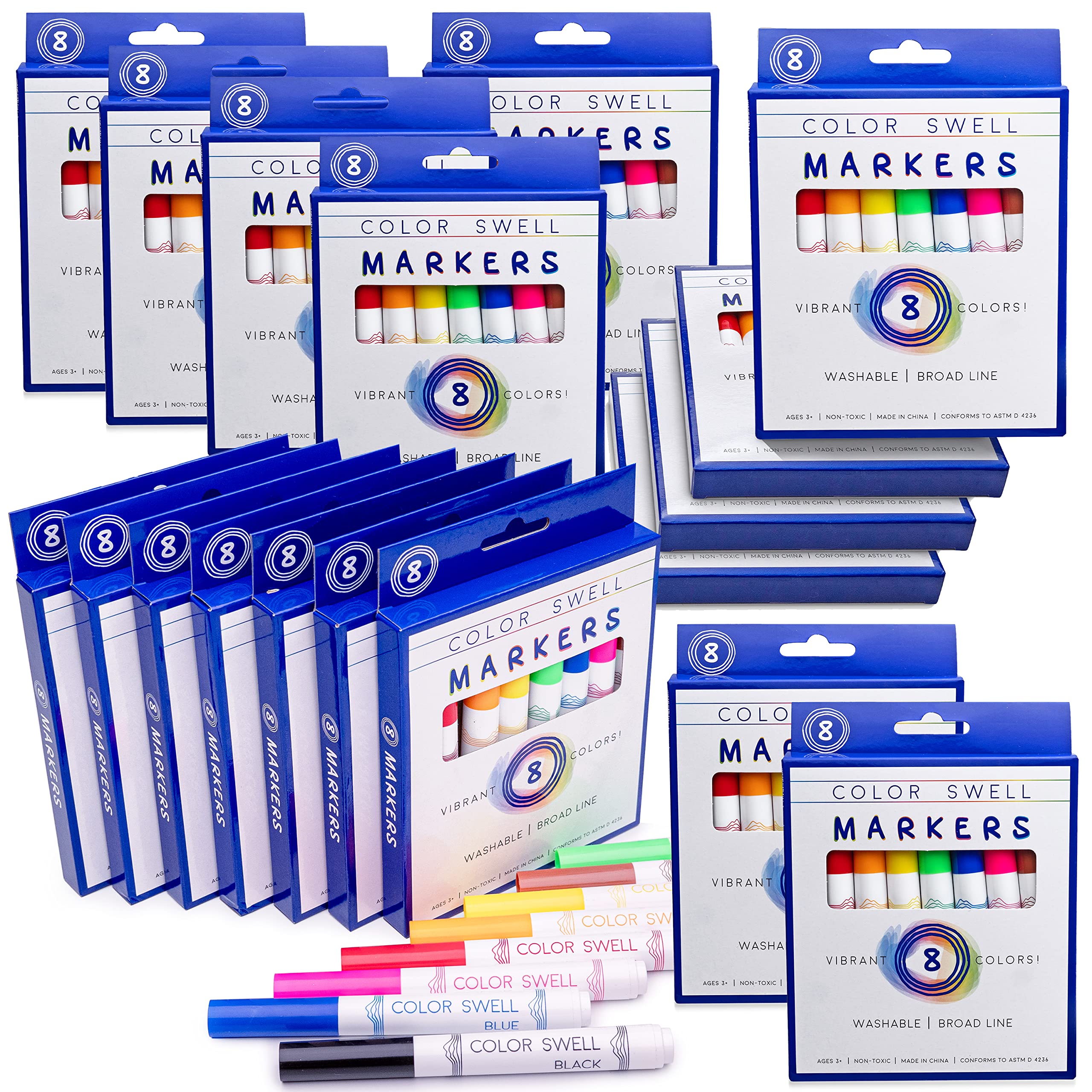 Color Swell Washable Markers Bulk Pack 18 Boxes of 8 Vibrant Colors (144 Total) Perfect Markers for Kids, Parties, Classrooms