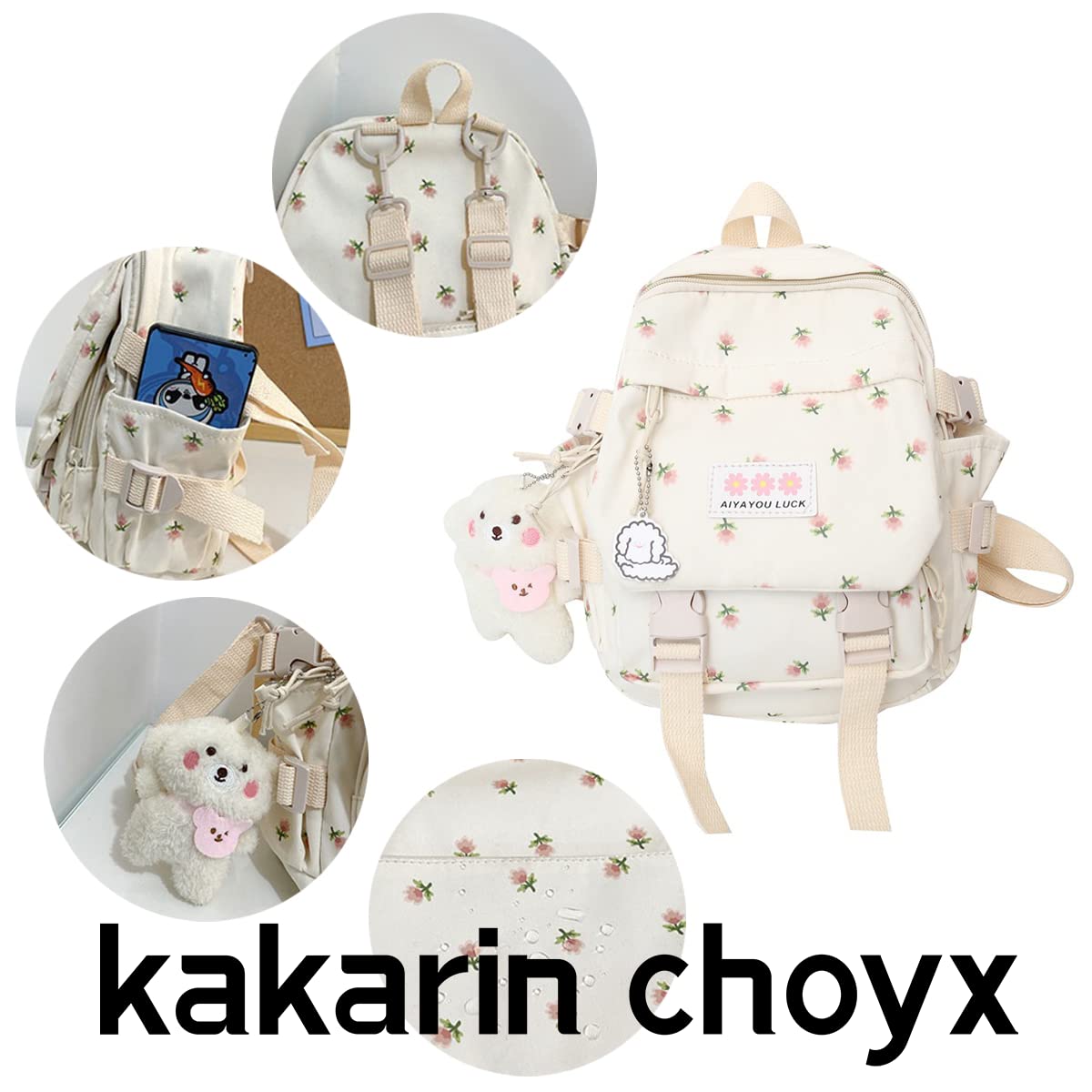 Aesthetic Backpack 10.6 Inch Kawaii Backpack With Pendant Mini Backpack For Girls Cute School Bag Japanese School Bag Flowers Backpack (White)