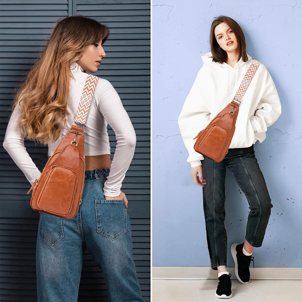 JRNDNIUO Leather Sling Backpack Thick Strap Crossbody Bags for Women Chest Bags Travel Daypack for Men and Women Brown Large