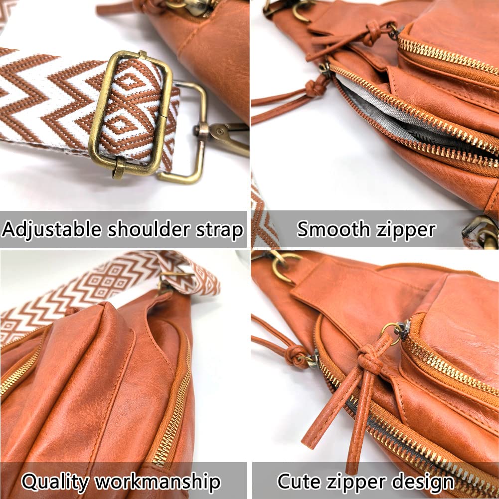JRNDNIUO Leather Sling Backpack Thick Strap Crossbody Bags for Women Chest Bags Travel Daypack for Men and Women Brown Large