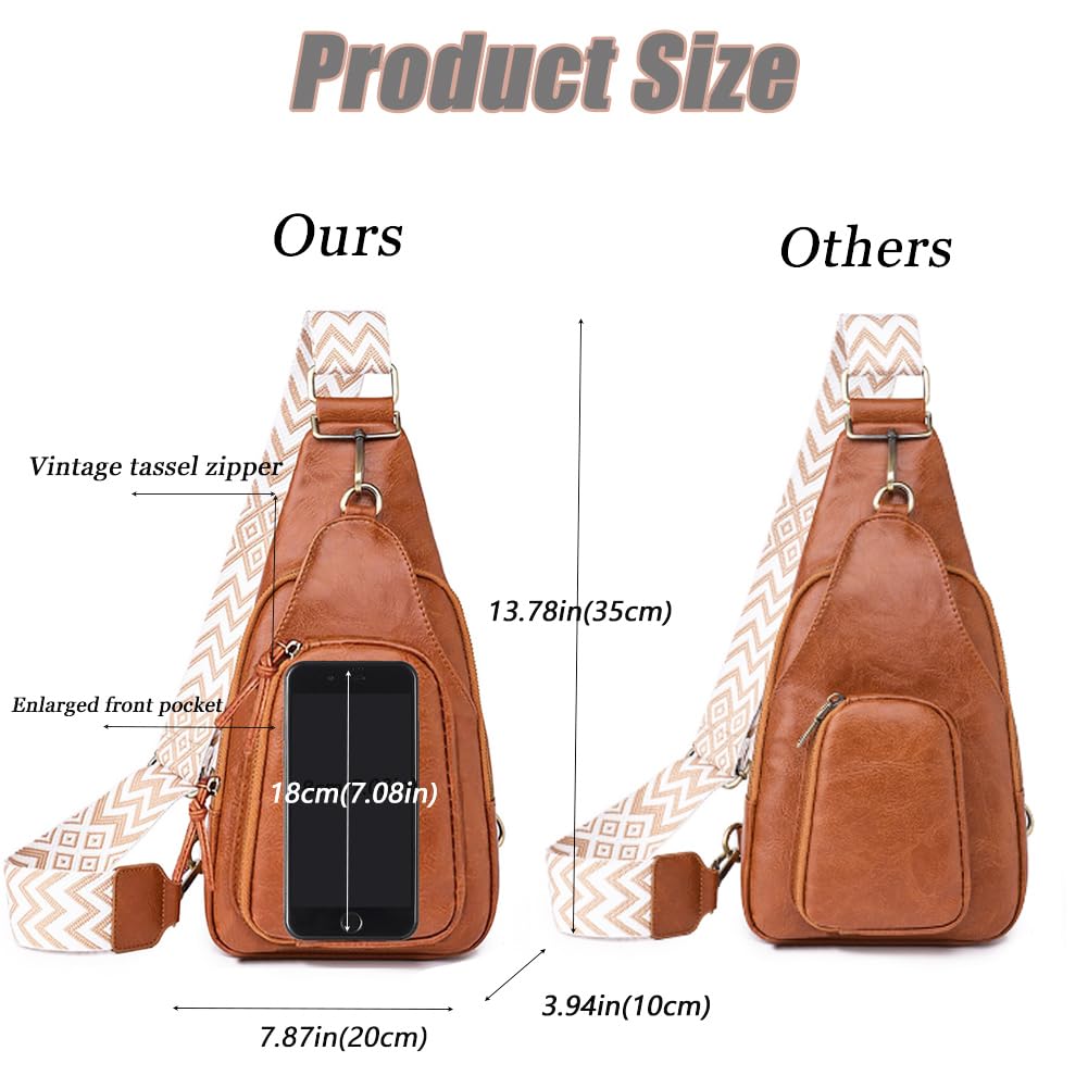 JRNDNIUO Leather Sling Backpack Thick Strap Crossbody Bags for Women Chest Bags Travel Daypack for Men and Women Brown Large