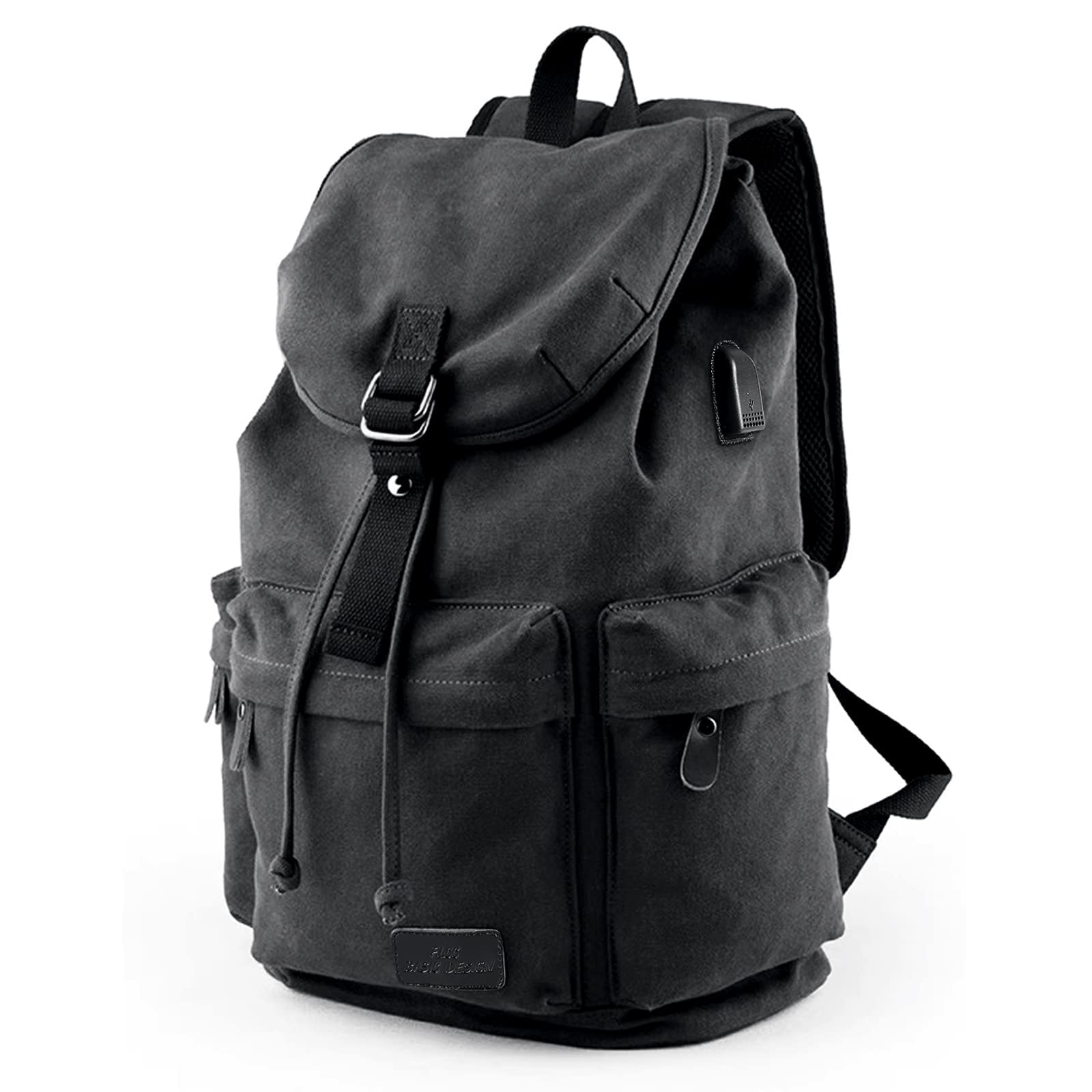 WONHOX Canvas Vintage Backpack for Men Women,Waterproof School Black Laptop Backpack,Travel Bag for College Men Casual Rucksack Backpack with USB Charging Port, Large Black