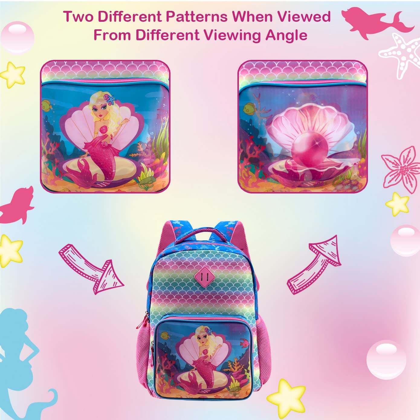 Mermaid Backpack for Girls 15 Inch with Shells Pearl Mirage Effect Changeable Lenticular Pictures Hologram 4-10 Age School Backpack for Preschool Early Elementary Kindergarten with Chest Straps