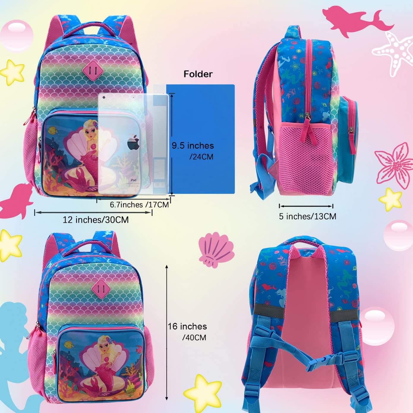 Mermaid Backpack for Girls 15 Inch with Shells Pearl Mirage Effect Changeable Lenticular Pictures Hologram 4-10 Age School Backpack for Preschool Early Elementary Kindergarten with Chest Straps