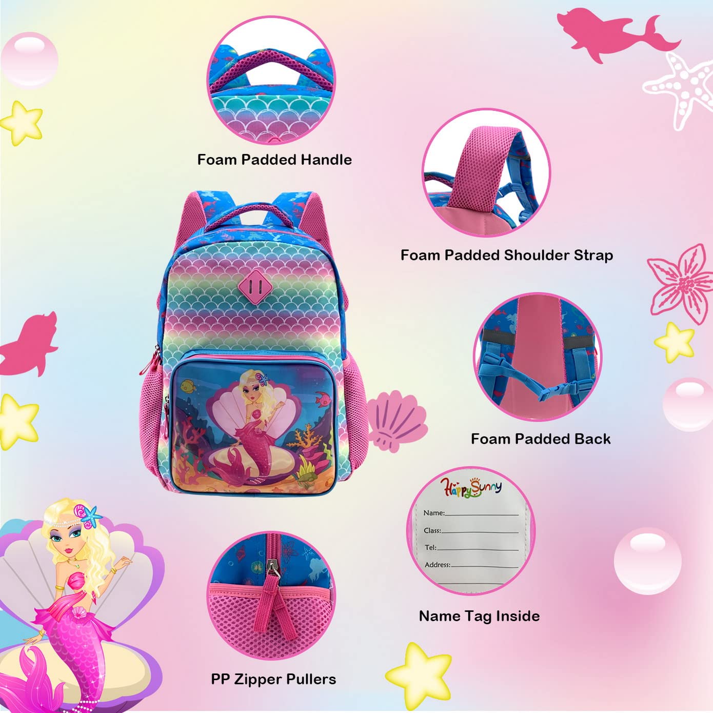 Mermaid Backpack for Girls 15 Inch with Shells Pearl Mirage Effect Changeable Lenticular Pictures Hologram 4-10 Age School Backpack for Preschool Early Elementary Kindergarten with Chest Straps