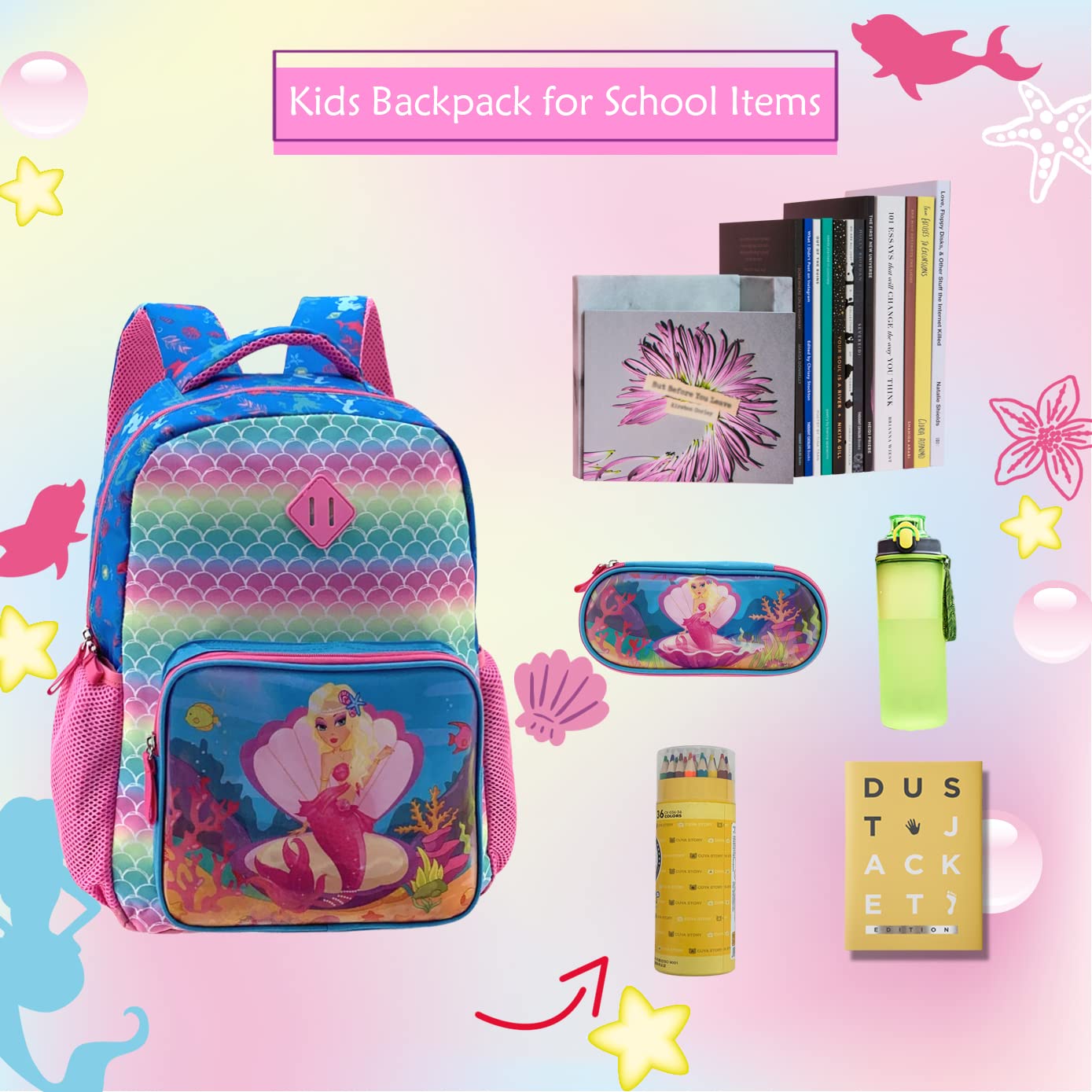 Mermaid Backpack for Girls 15 Inch with Shells Pearl Mirage Effect Changeable Lenticular Pictures Hologram 4-10 Age School Backpack for Preschool Early Elementary Kindergarten with Chest Straps