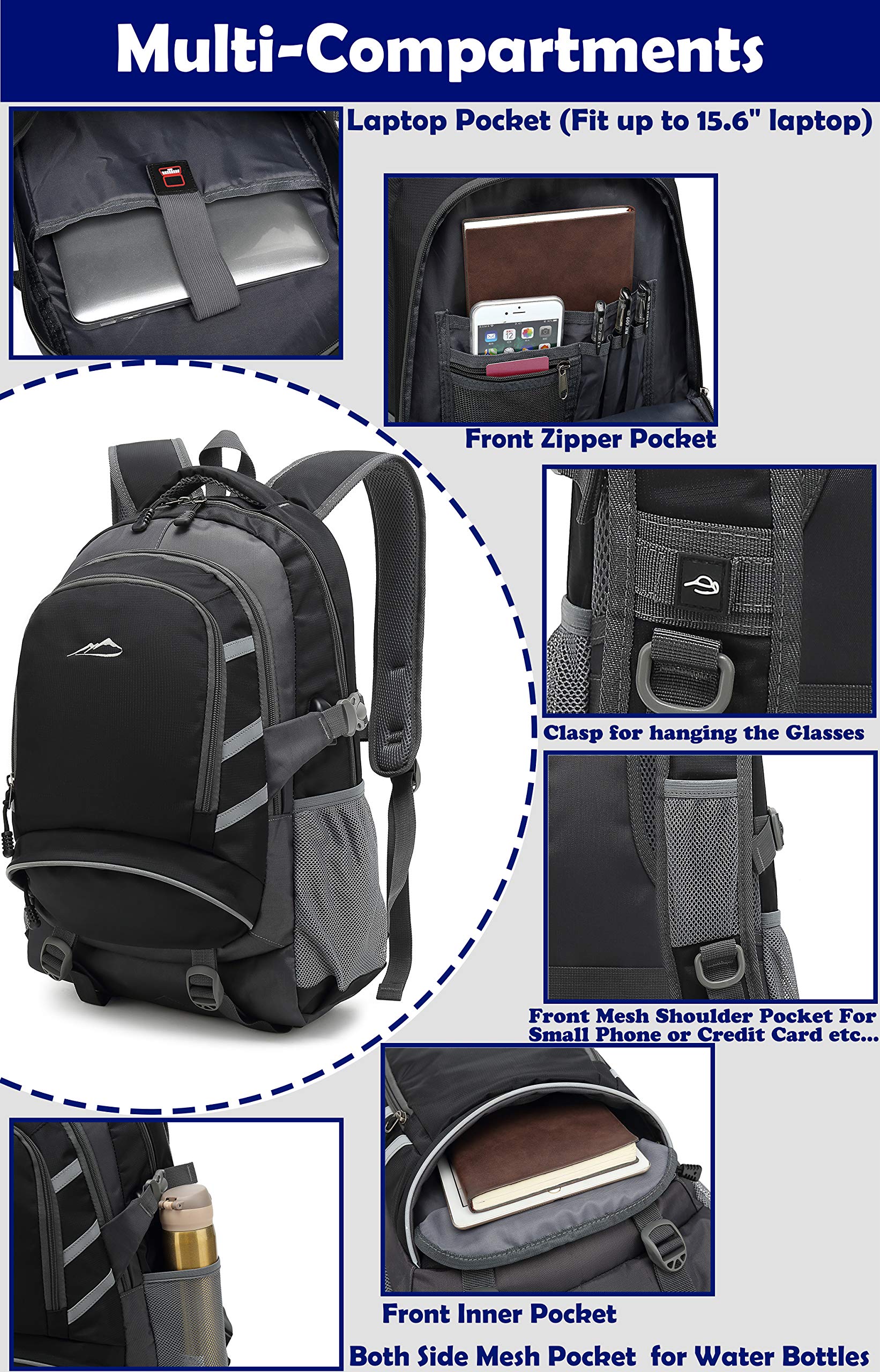 ProEtrade Backpack Daypack for School College Laptop Travel, Computer Bookbag Bag with USB Charging Port Anti Theft Laptop Compartment Fits 15.6 Inch Notebook, Gifts for Men & Women (Black)