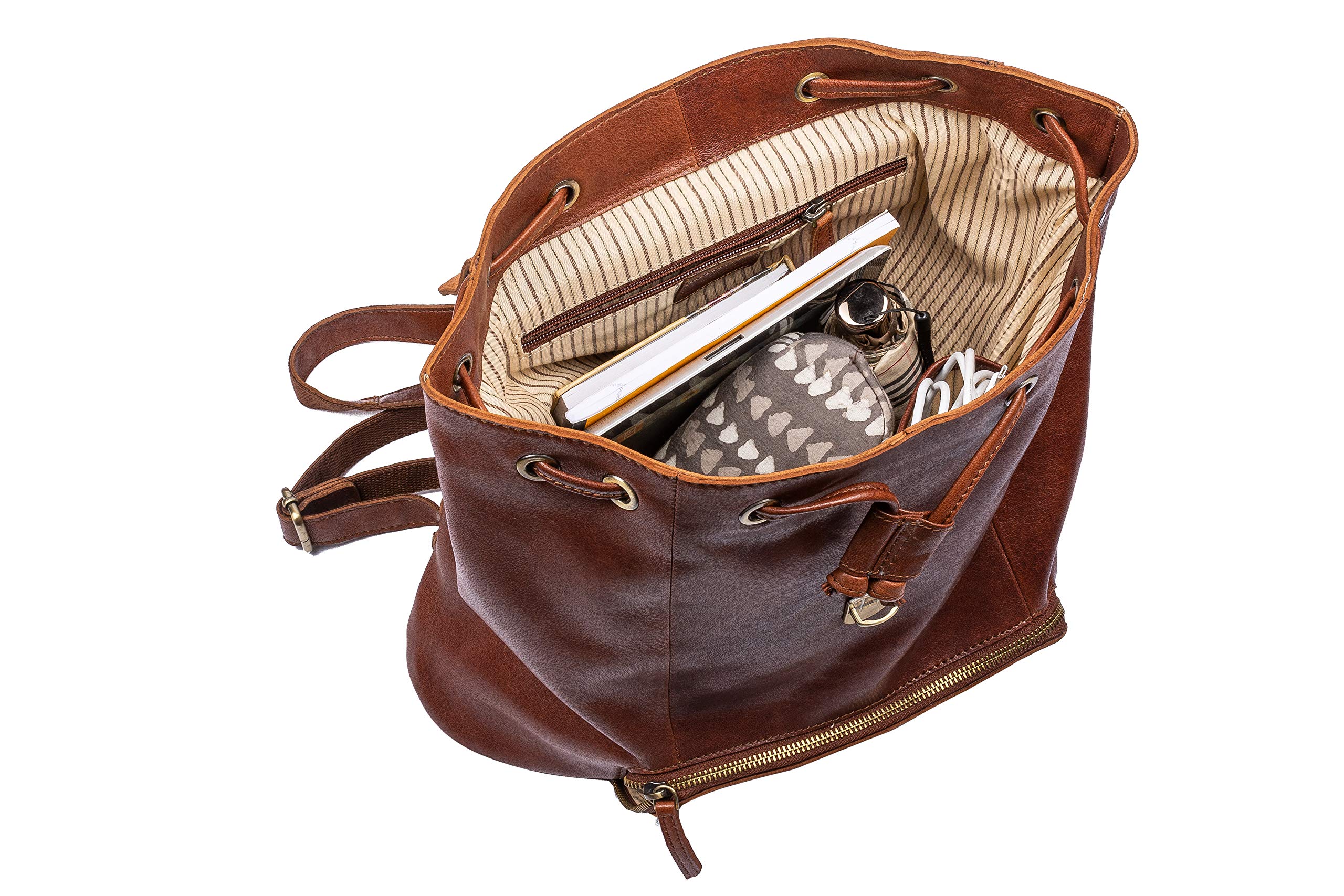 Zinda Genuine Leathers Unisex Backpack Drawstring Satchel Flap Over Book Bag Multiple Pockets Travel Bag (Cognac)