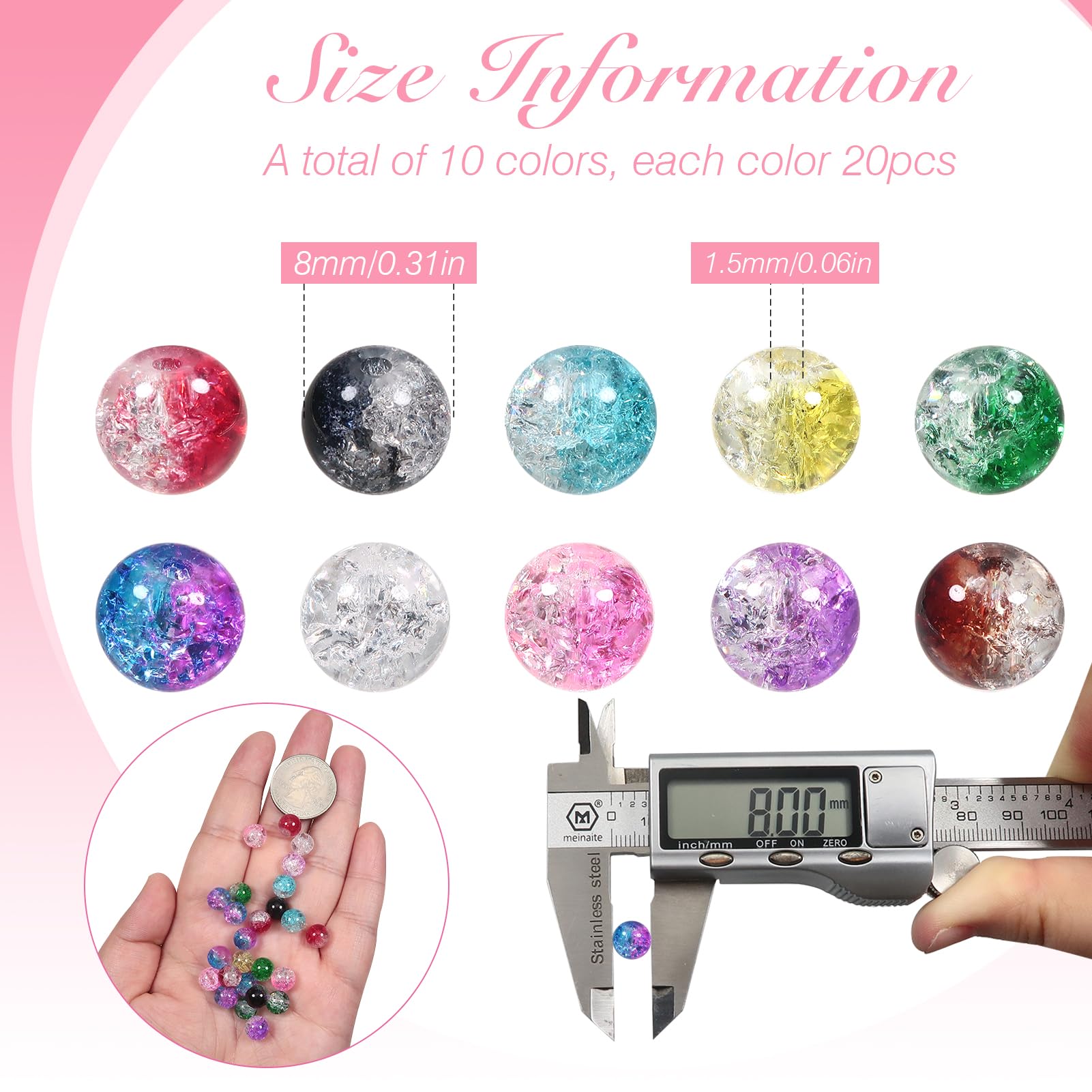 TOAOB 200pcs 8mm Multi Color Crackle Glass Lampwork Beads Round Loose Spacer Beads Craft Supplies for Bracelets Necklaces Jewelry Making
