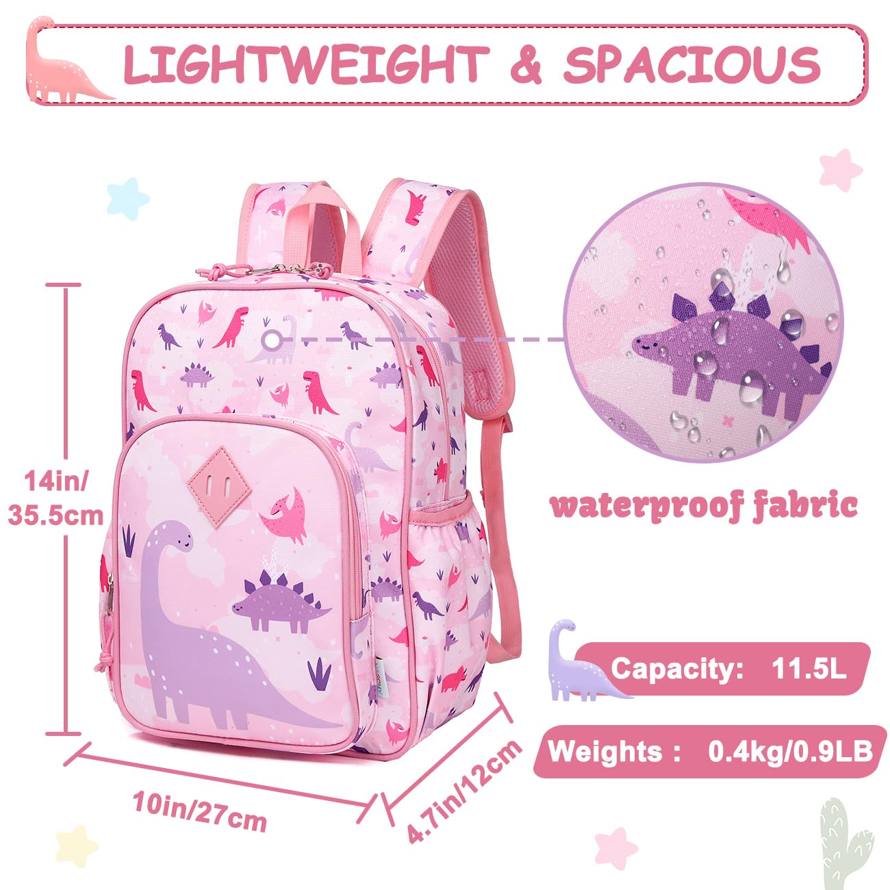 VASCHY Toddler Kids backpacks, Cute Lightweight Water Resistant Preschool Kindergarten Backpack for Girls Pink Dinosaurs