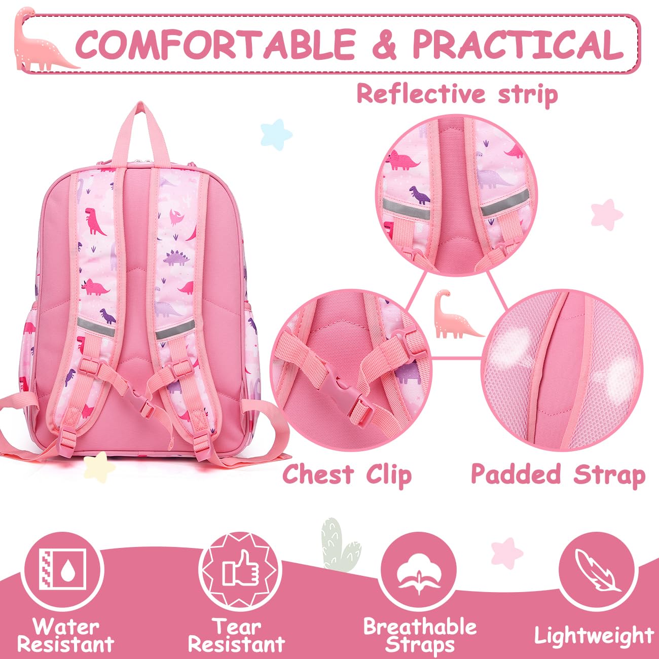 VASCHY Toddler Kids backpacks, Cute Lightweight Water Resistant Preschool Kindergarten Backpack for Girls Pink Dinosaurs