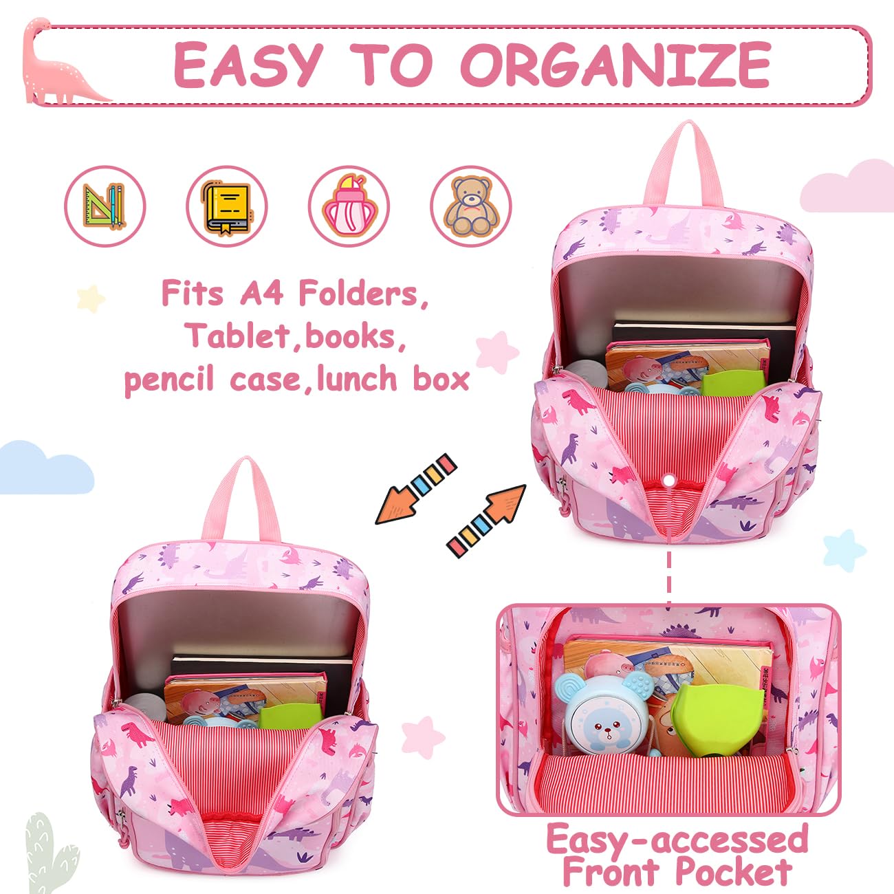VASCHY Toddler Kids backpacks, Cute Lightweight Water Resistant Preschool Kindergarten Backpack for Girls Pink Dinosaurs