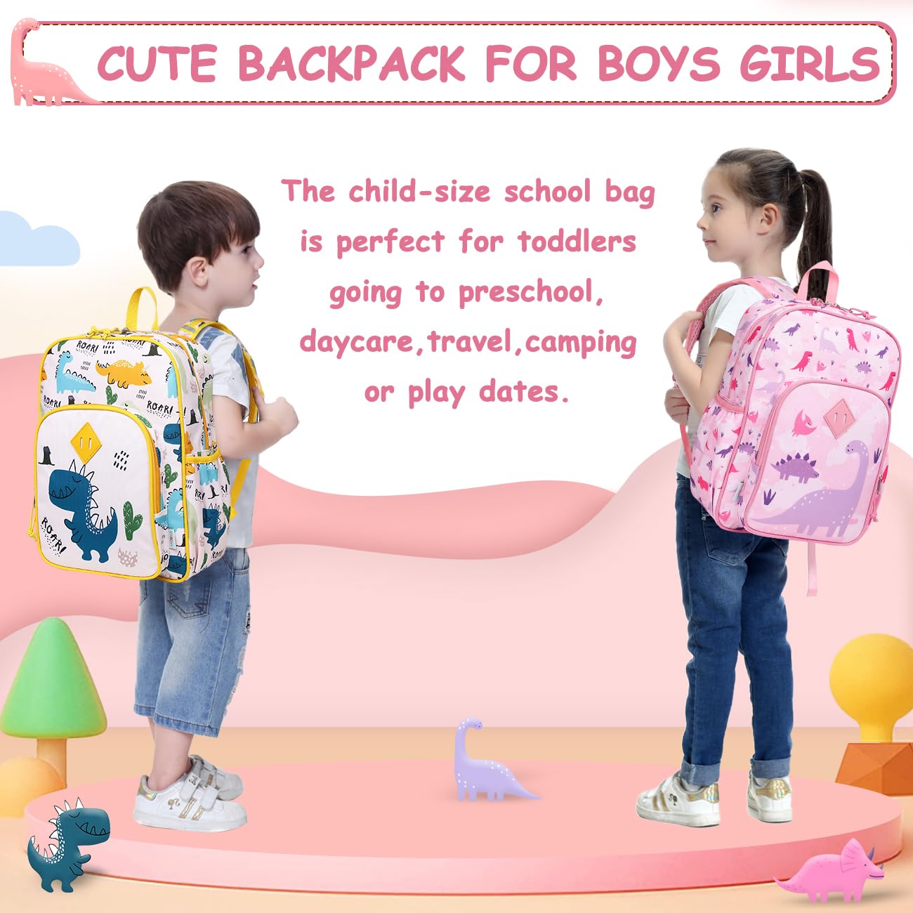 VASCHY Toddler Kids backpacks, Cute Lightweight Water Resistant Preschool Kindergarten Backpack for Girls Pink Dinosaurs