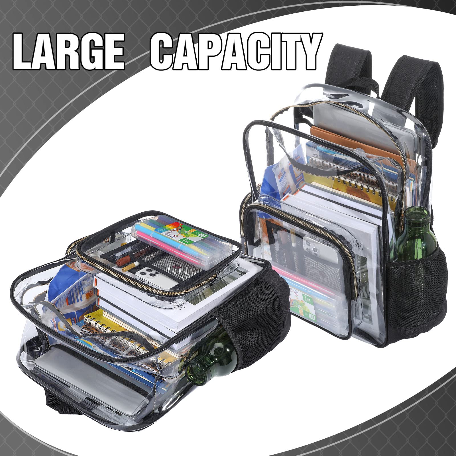 Large Clear Backpack Heavy Duty PVC Plastic Backpack Transparent Book Bag See Through Work Bag for Stadium, School, Travel, College (Black)