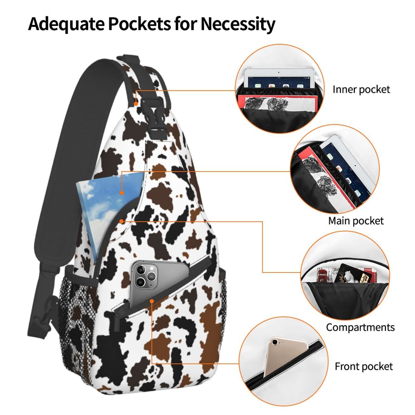 Cow Print Sling Bag,Crossbody Sling Backpack,Travel Hiking Chest Bag,Daypack for Purses Shoulder Bag Women Men's