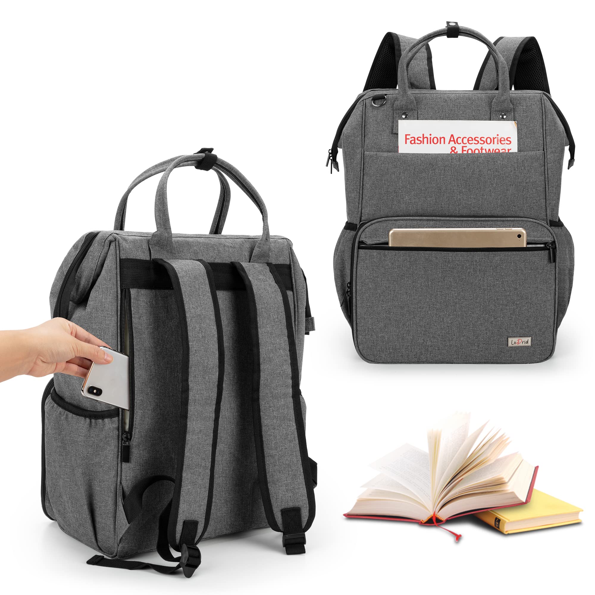 LoDrid Teacher Utility Bag, Heavy Duty Teacher Backpack for Men & Women, Teacher Tote Backpack for School Work with Steel Frame Top, 15.6" Laptop Layer, Zip-Top Closure & Inner Padded, Gray, Bag Only