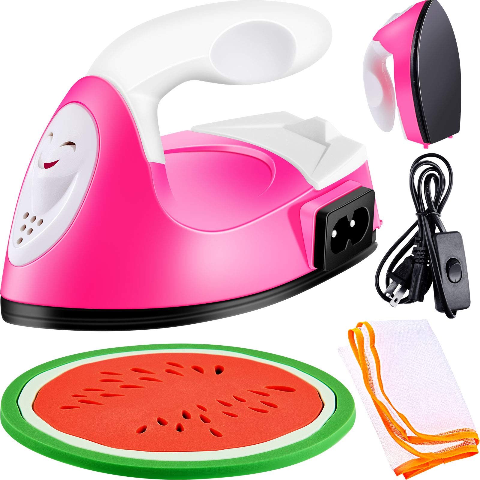 Mini Iron Mini Heat Press Portable Handy Heat Press Heat Transfer Machine with Mesh Cloth Pressing Cloth Pad Silicone Pad, Charging Base Accessories for T Shirt Shoe Bag (Rose Red)
