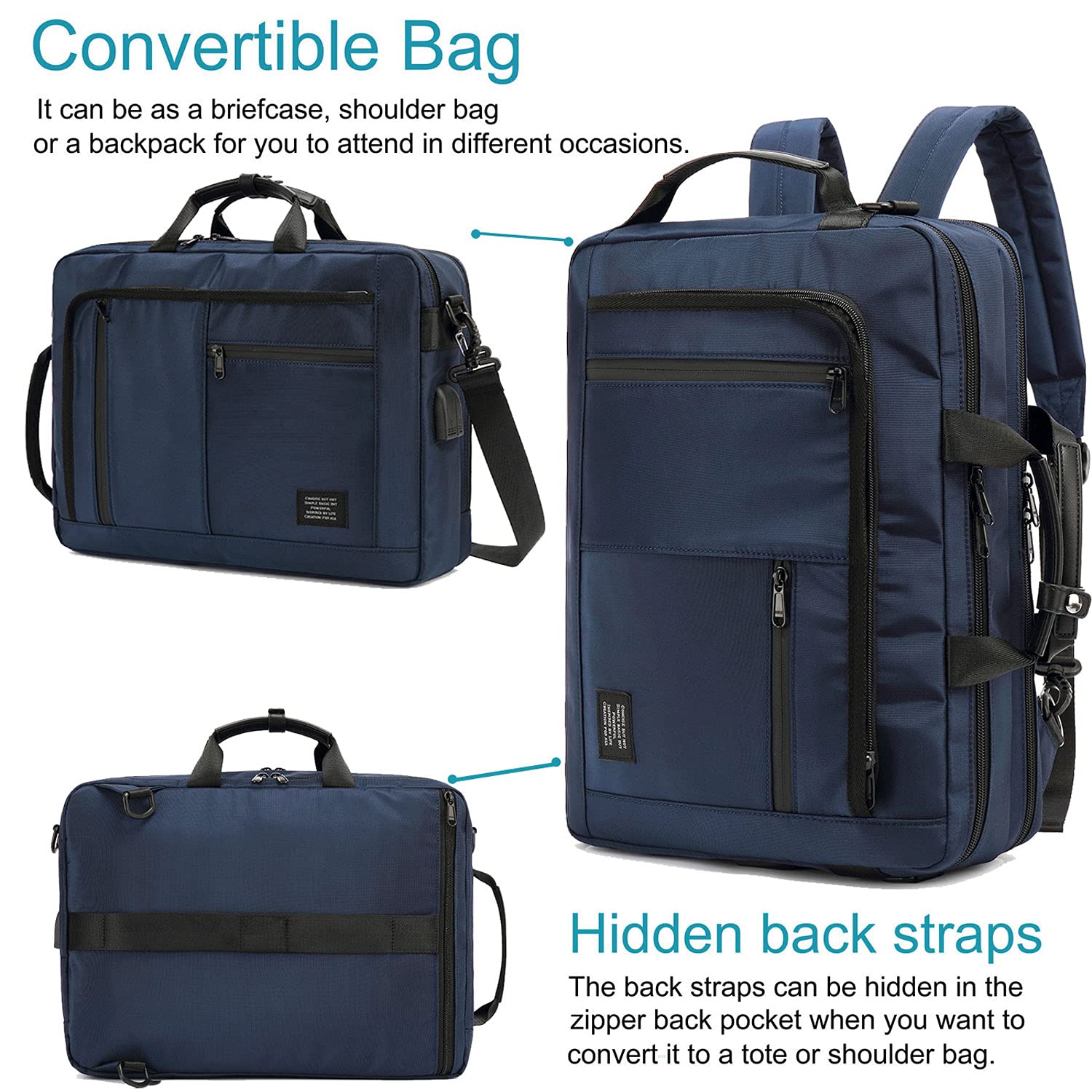 FREEFLOW 15.6 Inch Laptop Backpack, Waterproof Computer Bags with USB Charger, 3-in-1 Convertible Notebook Briefcase