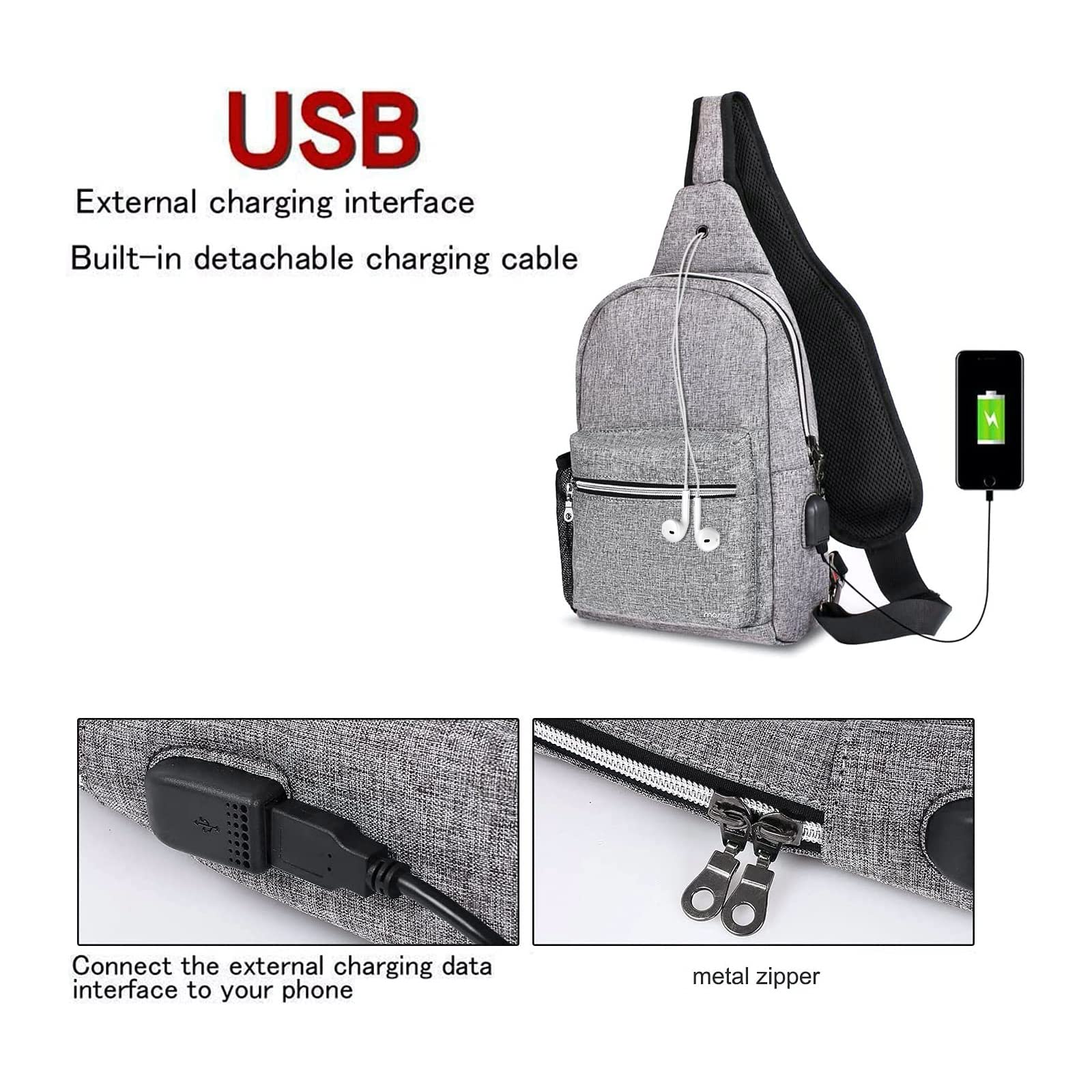 MOSISO Sling Backpack Hiking Daypack with USB Charging Port Outdoor Shoulder Bag, Gray