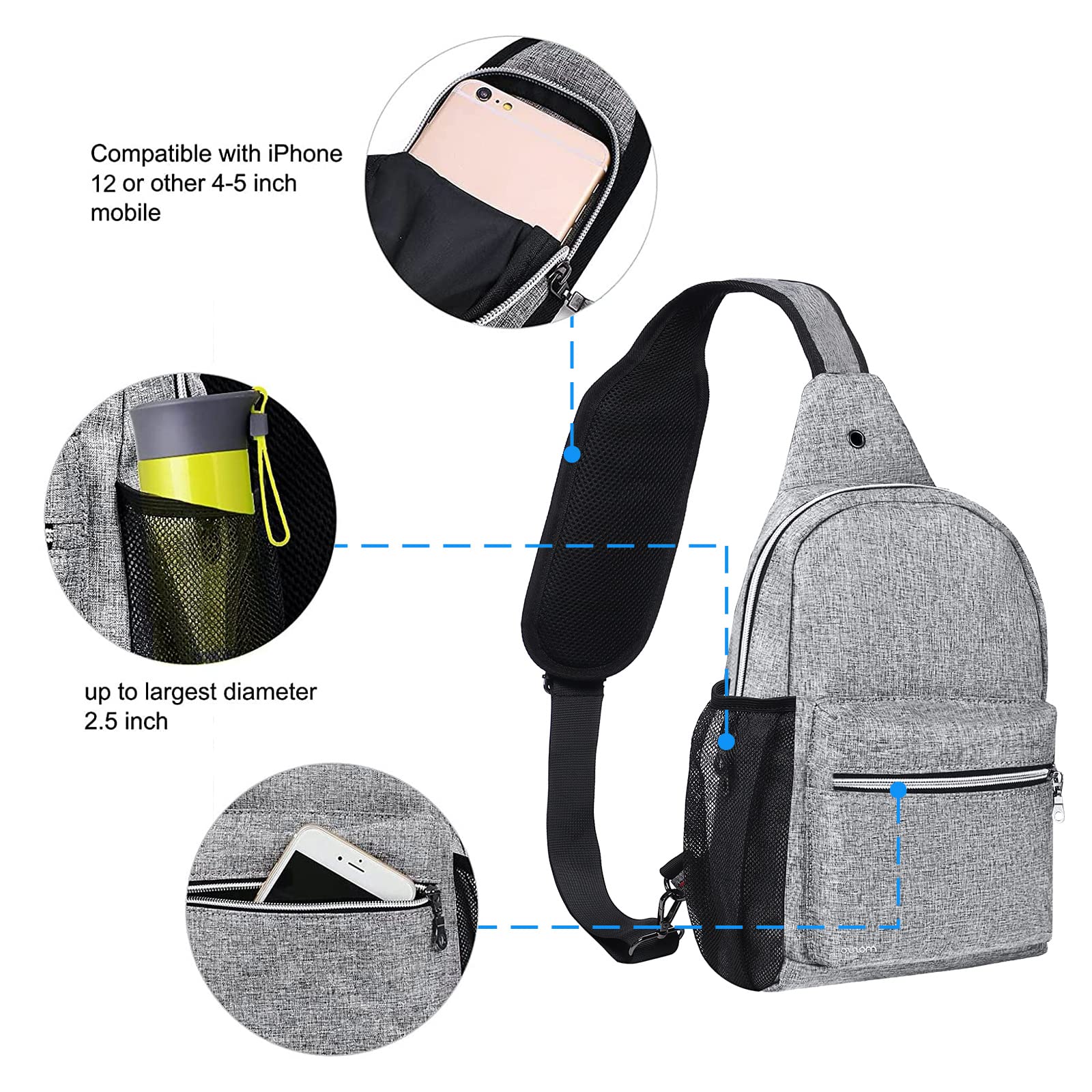MOSISO Sling Backpack Hiking Daypack with USB Charging Port Outdoor Shoulder Bag, Gray