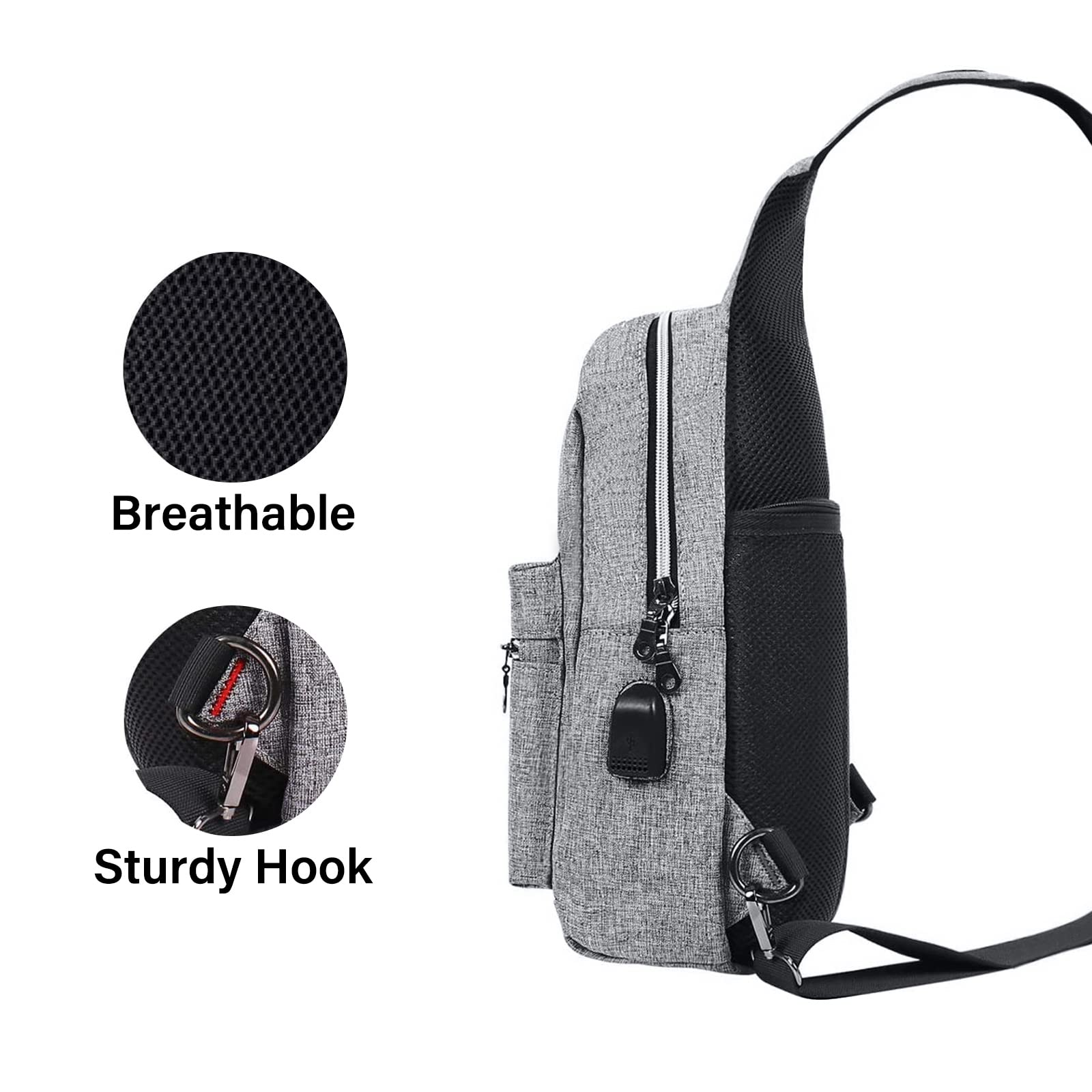 MOSISO Sling Backpack Hiking Daypack with USB Charging Port Outdoor Shoulder Bag, Gray
