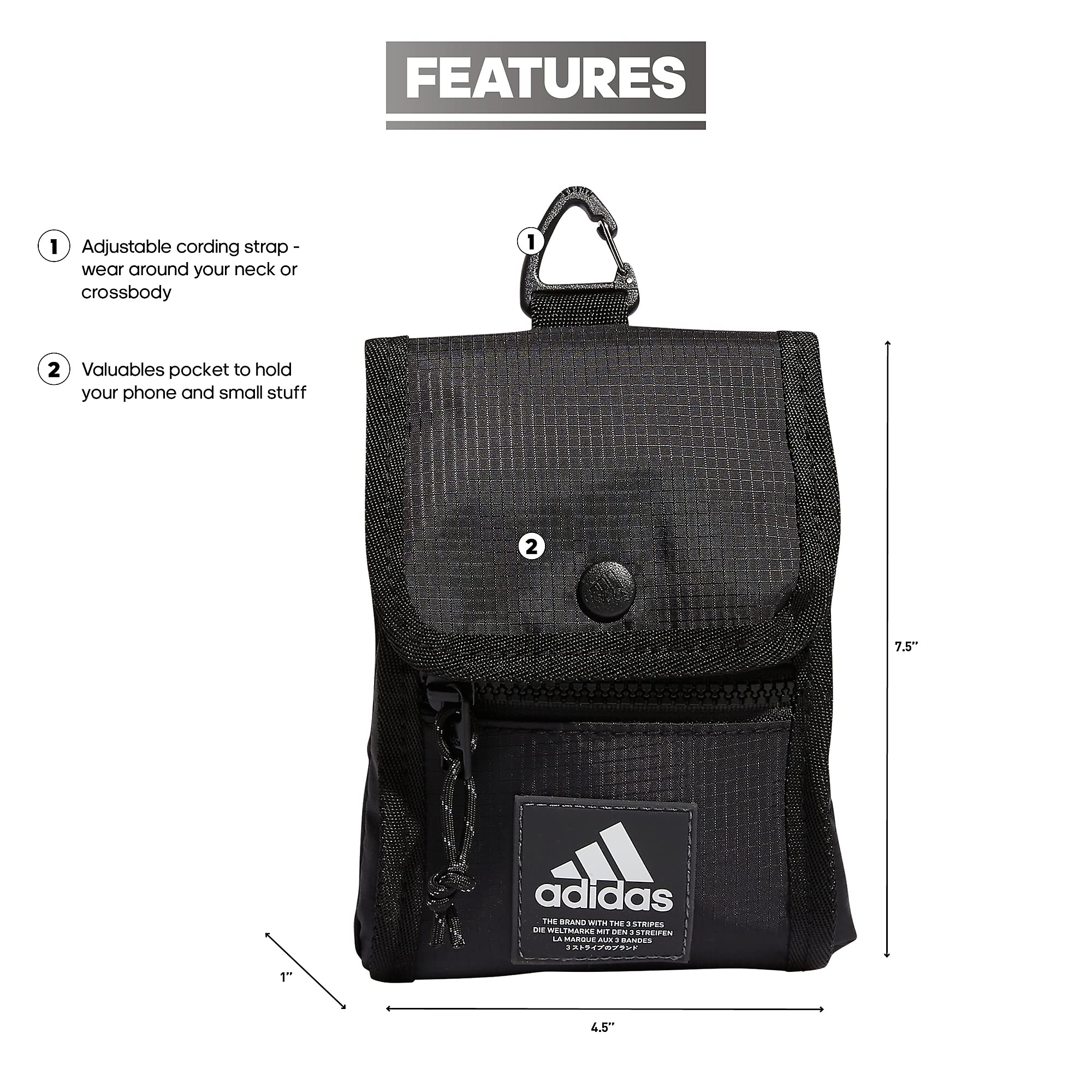 adidas Neck Pouch Crossbody Travel and Festival Wallet, Black