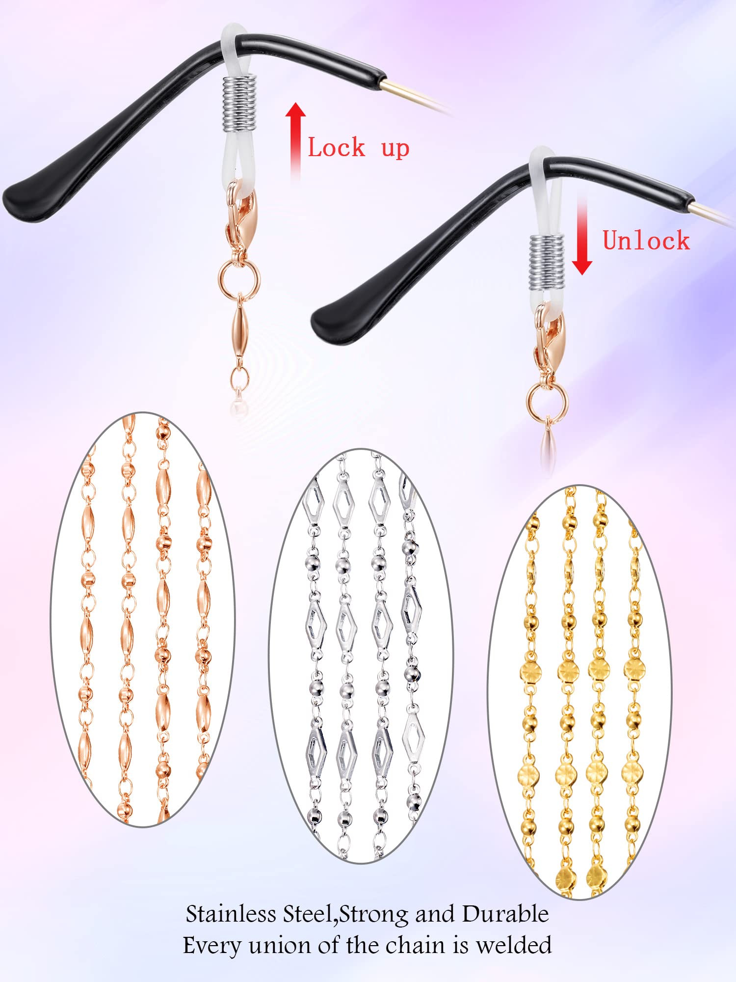 Tatuo 3 Pieces Stainless Steel Eyeglass Chain for women Cord Reading Glass Lanyard Sunglass Holder with 6 Pieces Extra Silicone Loop