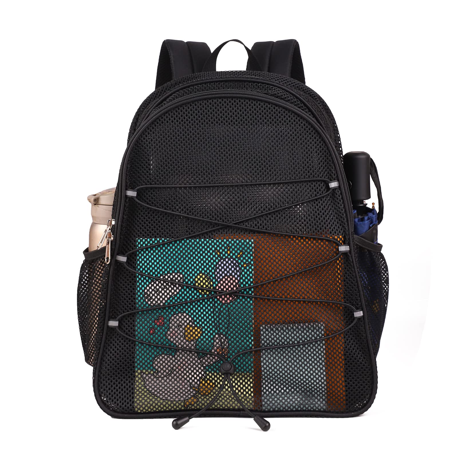 Heavy Duty Mesh Backpack, See Through School Backpack, Mesh Book Bag with Bungee Cord & Adjustable Padded Straps, for Work, School, Travel