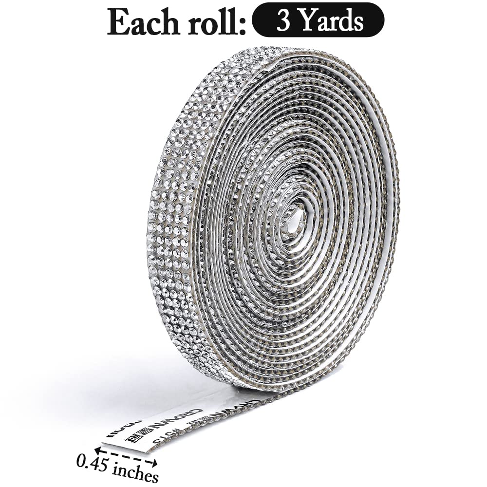 Self Adhesive Rhinestone Strips Diamond Bling Crystal Rhinestone Ribbon Sticker, Bling Wrap Roll DIY for Crafting, Cake Decorating and Fabric (0.45 inches * 3 Yards, Silver)
