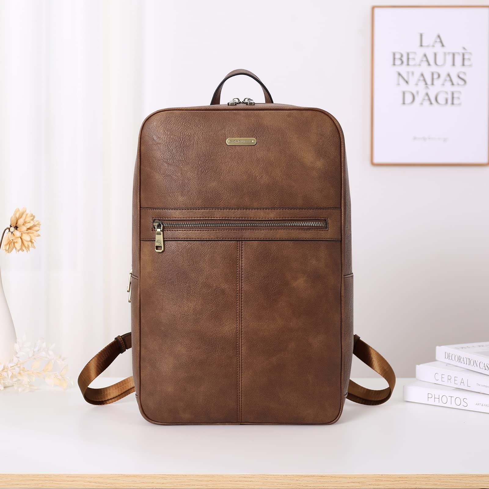 CHOLISS Laptop Backpack for Women&Men,15.6" Computer Backpack,Retro Vegan Leather Travel Work School College Bag Durable Daypack