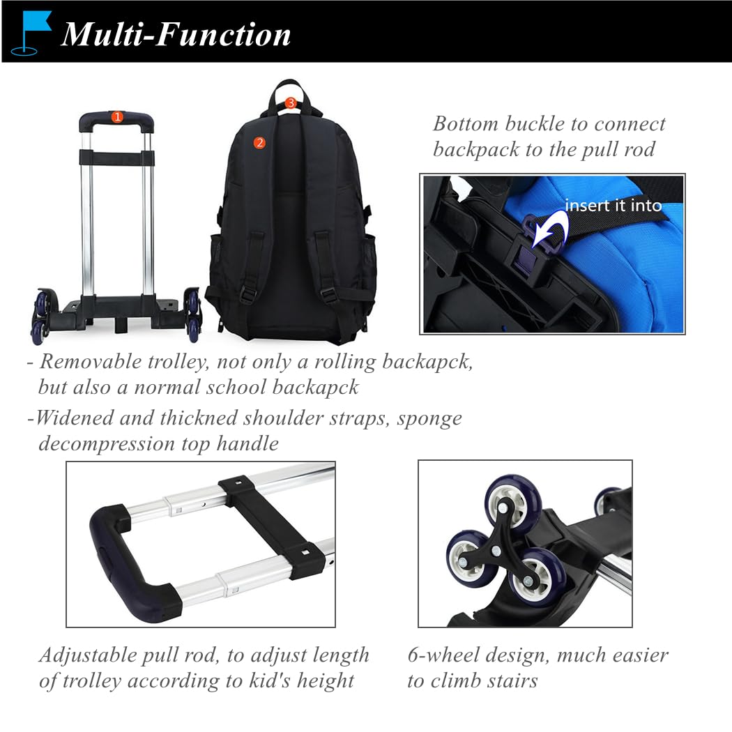 Teens Boys Middle High School Trolley Rolling Backpacks Capacity Wheeled Bookbag School Bags with Six Wheels