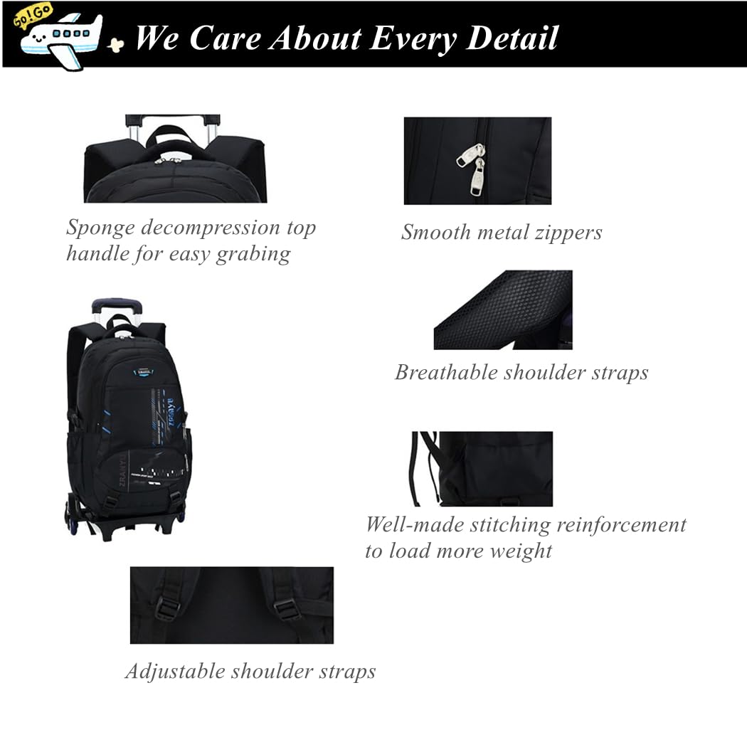 Teens Boys Middle High School Trolley Rolling Backpacks Capacity Wheeled Bookbag School Bags with Six Wheels