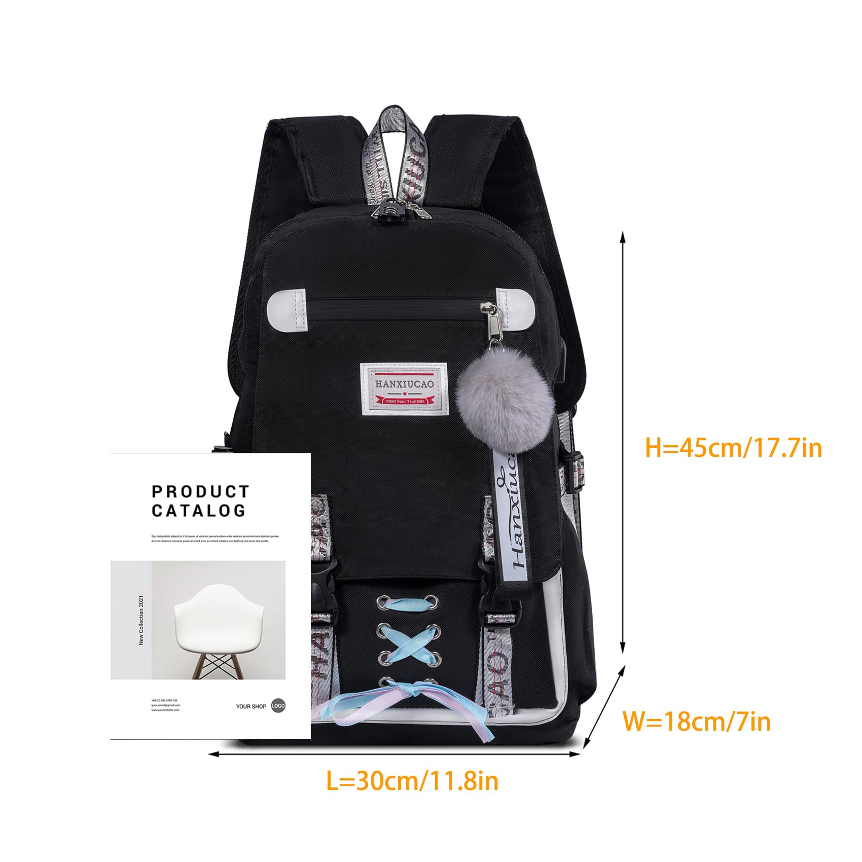 HANXIUCAO Girls Backpack Teen Rucksack Large Capacity Female College Student Locked Schoolbag Anti-Theft Backpack with USB Charging Port (black)