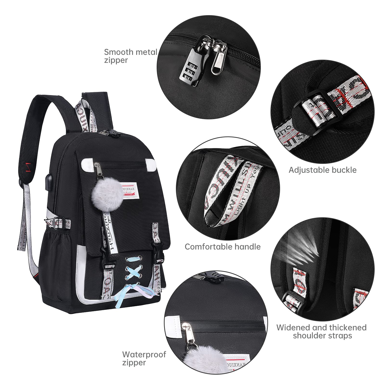 HANXIUCAO Girls Backpack Teen Rucksack Large Capacity Female College Student Locked Schoolbag Anti-Theft Backpack with USB Charging Port (black)