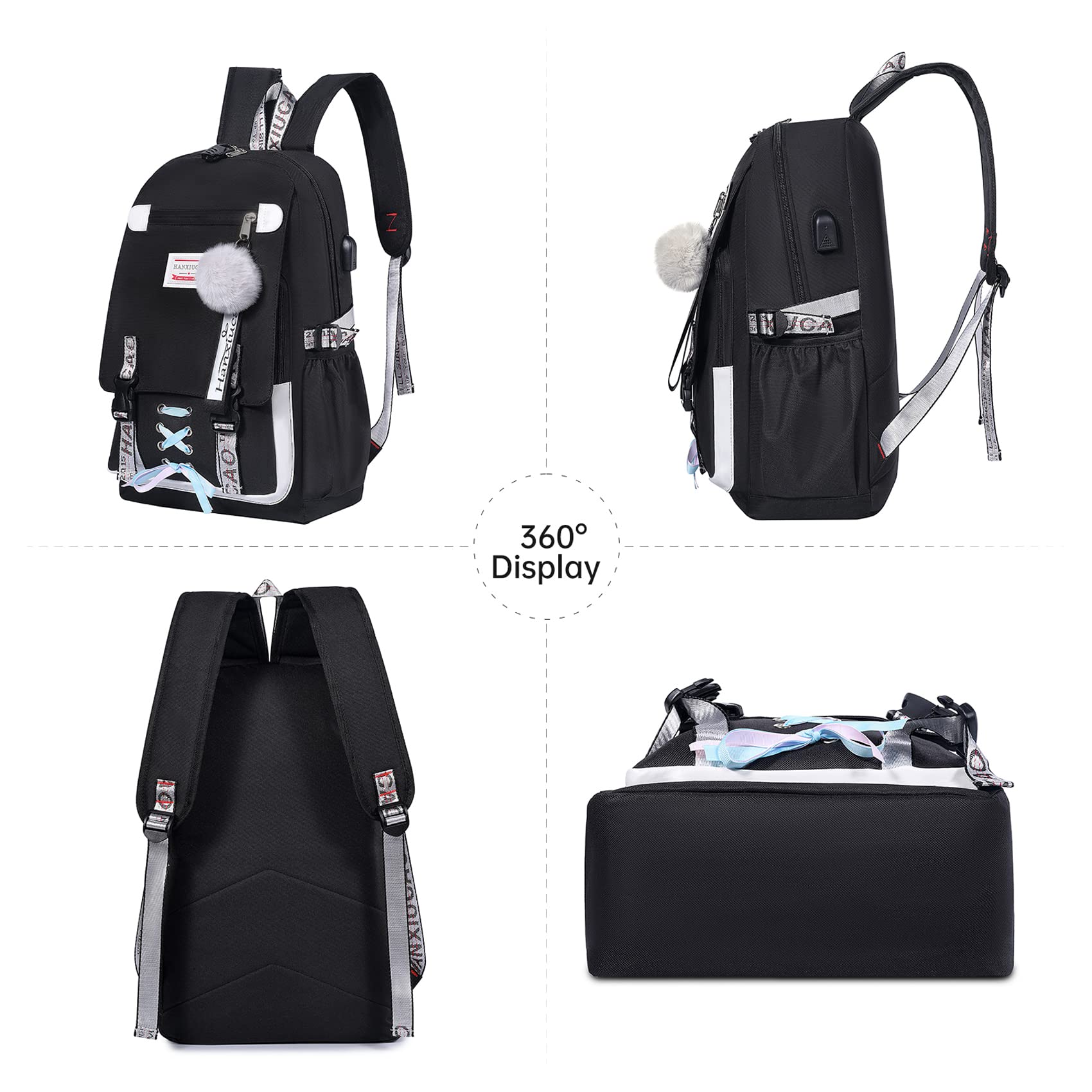 HANXIUCAO Girls Backpack Teen Rucksack Large Capacity Female College Student Locked Schoolbag Anti-Theft Backpack with USB Charging Port (black)
