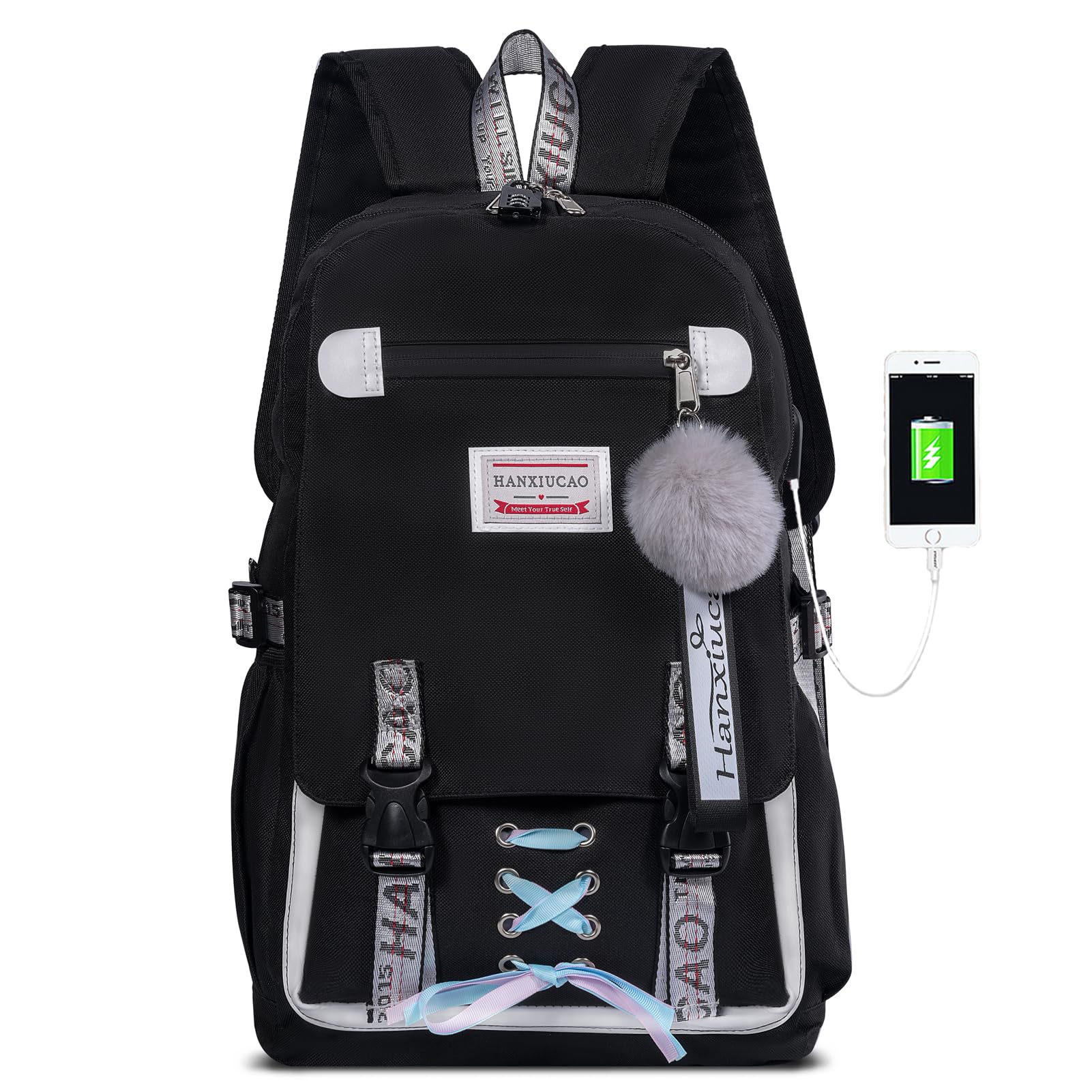 HANXIUCAO Girls Backpack Teen Rucksack Large Capacity Female College Student Locked Schoolbag Anti-Theft Backpack with USB Charging Port (black)