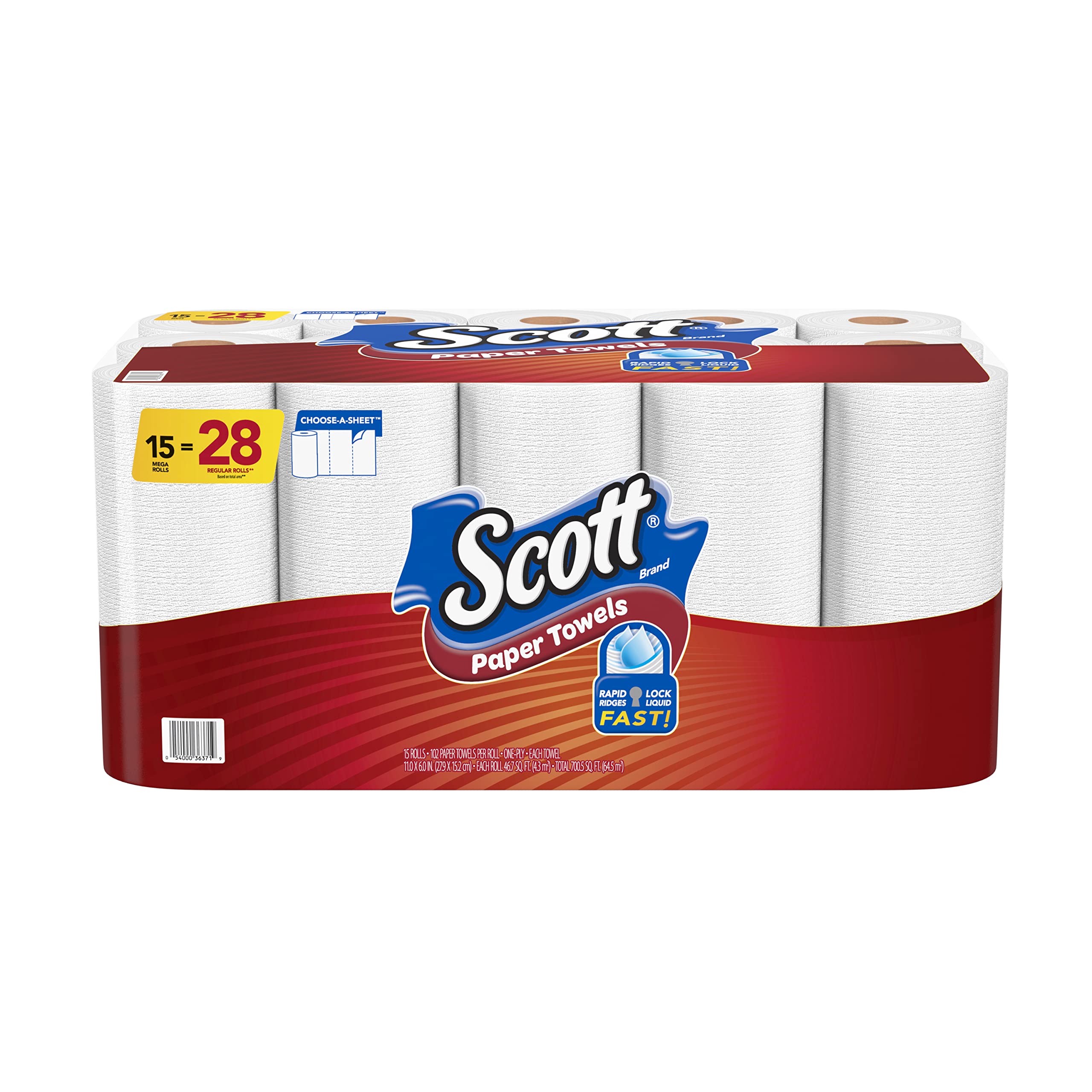 Scott Paper Towels, Choose-A-Sheet - 30 Mega Rolls (2 Packs of 15) = 56 Regular Rolls (102 Sheets Per Roll)