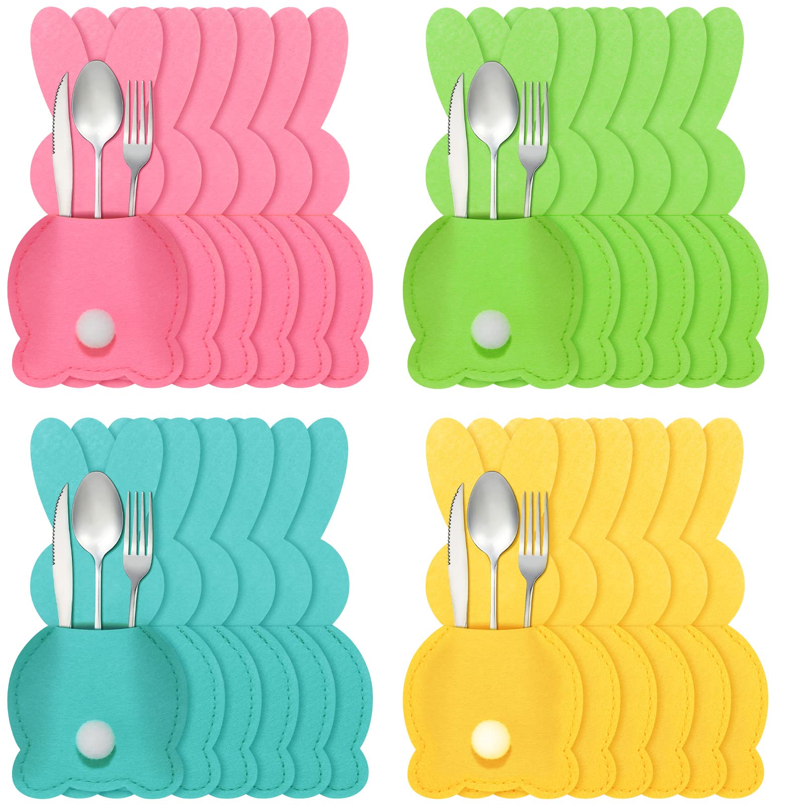 24 Pack Easter Bunny Utensil Cutlery Holders Pouch Bags Felt Silverware Holder Bag 5.9 x 3.15 Inch Utensil Sleeve for Knife Forks Easter Table Decoration Wedding Birthday Party, Pink Blue Green Yellow