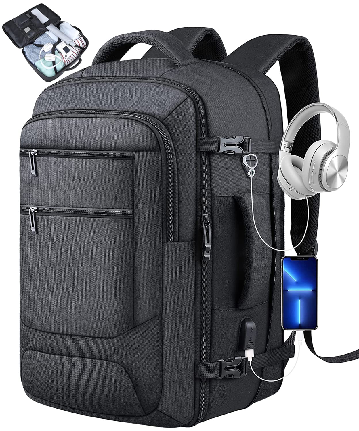 Lapsouno Carry On Backpack, Travel Backpack, Expandable 40L Carry On Luggage Backpack for Travel, Airplane Approved Large Luggage Backpack for Men Women, Business Daypack Weekender Bag with USB,Black