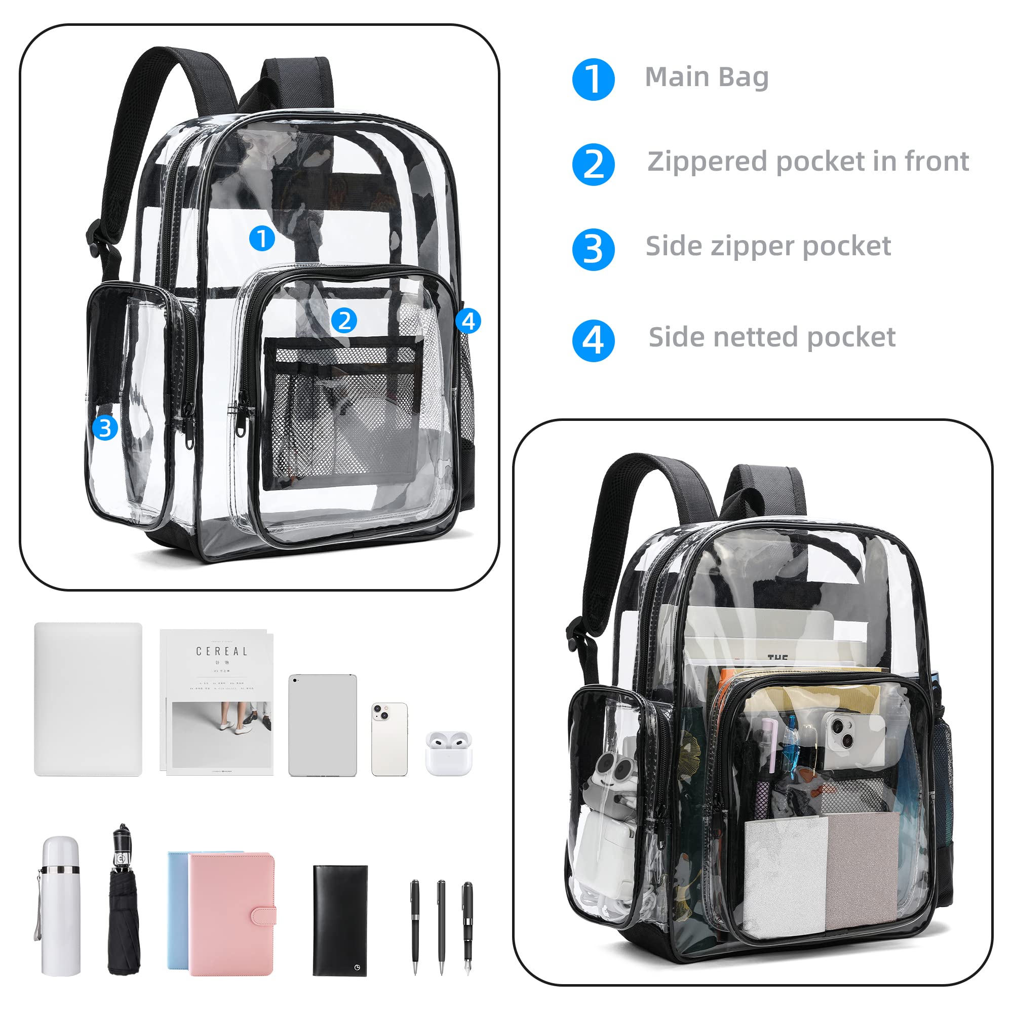 NBUUNBU Clear Backpack Heavy Duty Transparent PVC Bookbags See Through Bags for School Stadium Concert Workplace Travel