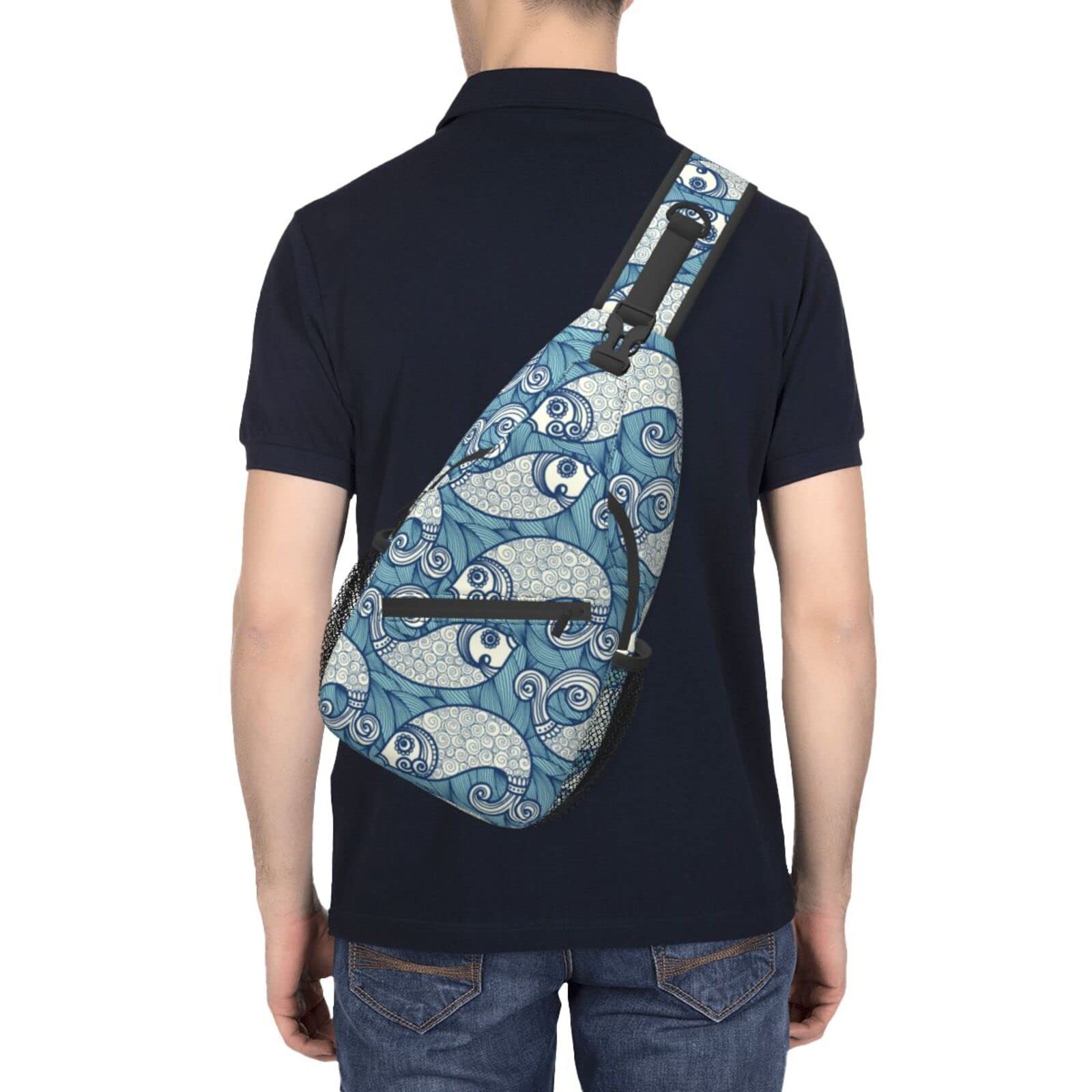 Japanese Wave With Fish Crossbody Sling Backpack For Men Women,Shoulder Chest Daypack Bag For Travel Hiking