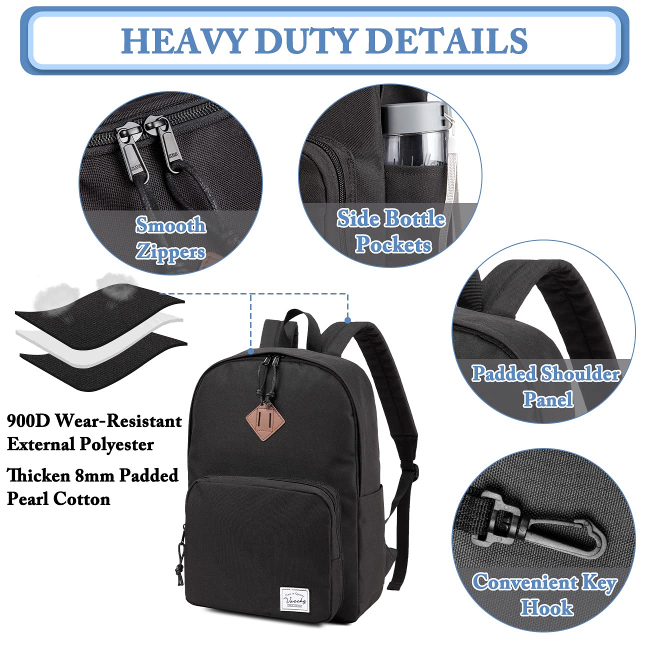 VASCHY School Backpack, Ultra Lightweight Backpack for Men Women Schoolbag Bookbag for Kids Teen Boys Girls Black