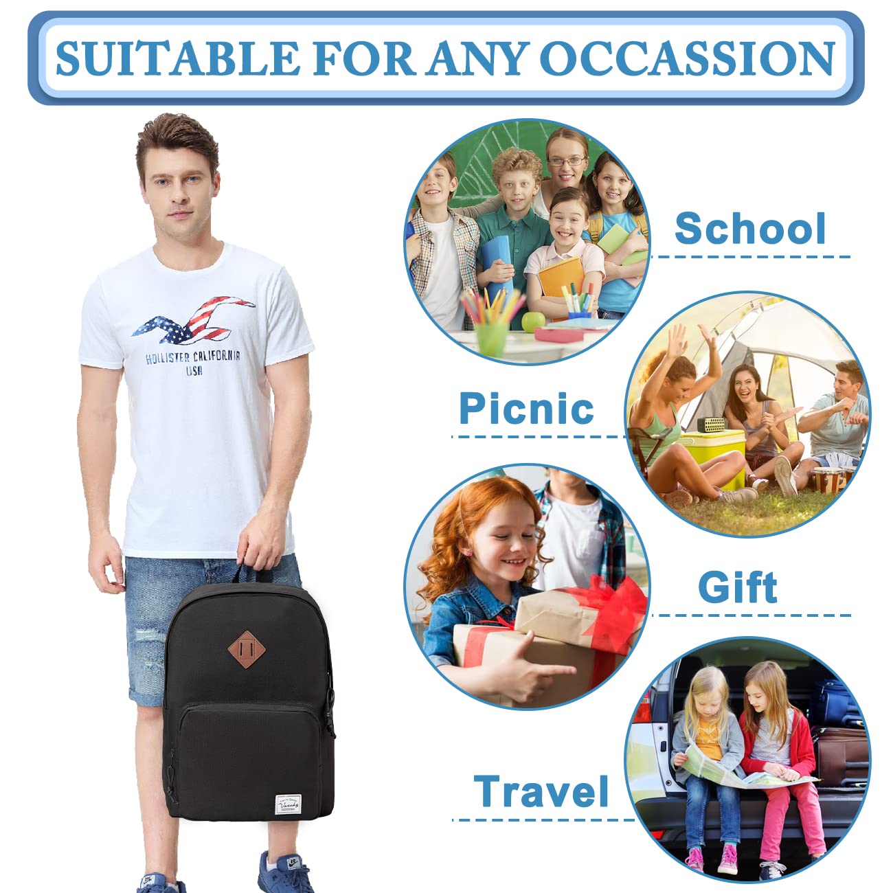 VASCHY School Backpack, Ultra Lightweight Backpack for Men Women Schoolbag Bookbag for Kids Teen Boys Girls Black